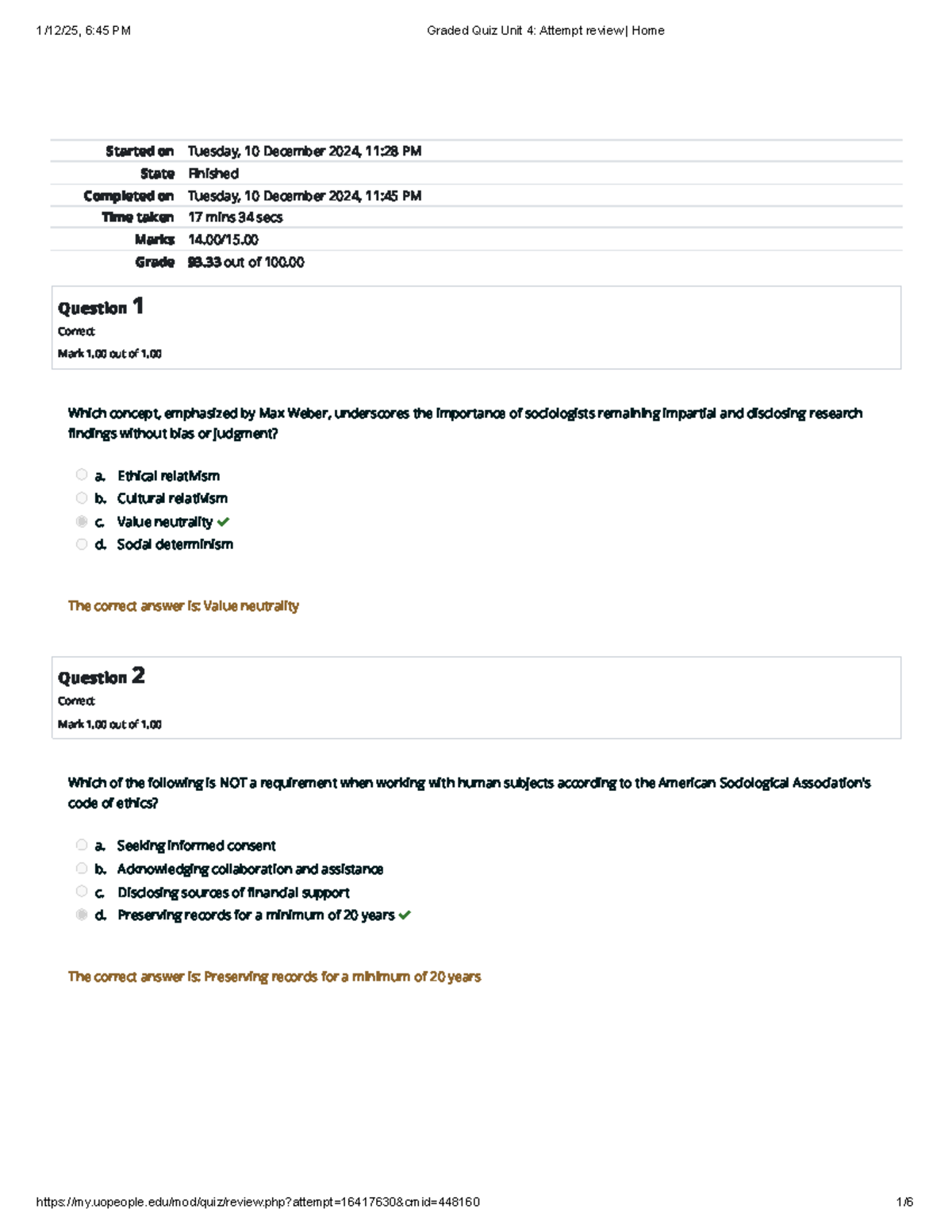 SOC 1502 Quiz Unit 4 Attempt Review: Answers & Insights - Studocu