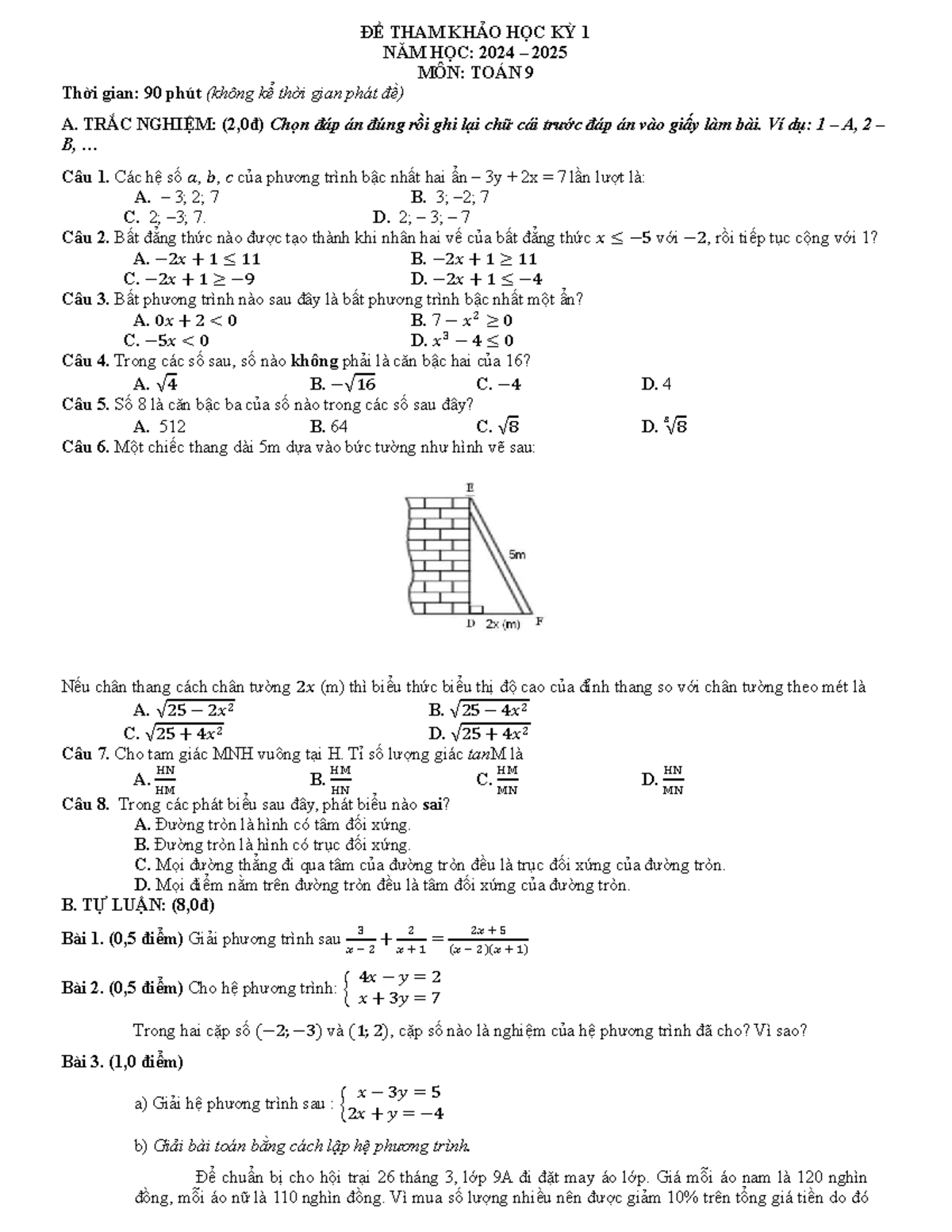 ĐỀ THAM KHẢO HỌC KỲ 1 NĂM HỌC 2024-2025 MÔN TOÁN 9 - Studocu