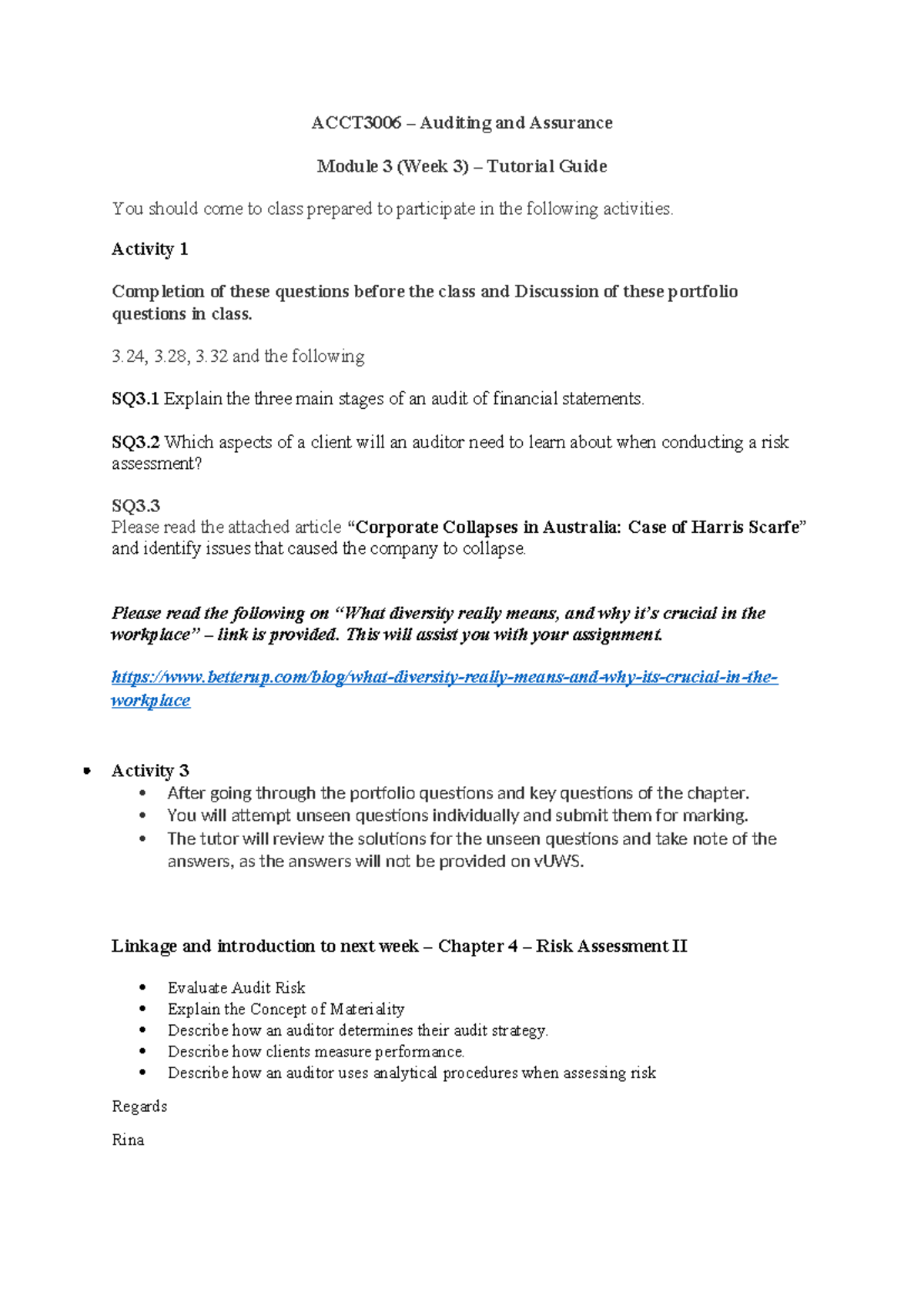 ACCT3006 Auditing & Assurance Week 3 Tutorial Guide & Activities - Studocu
