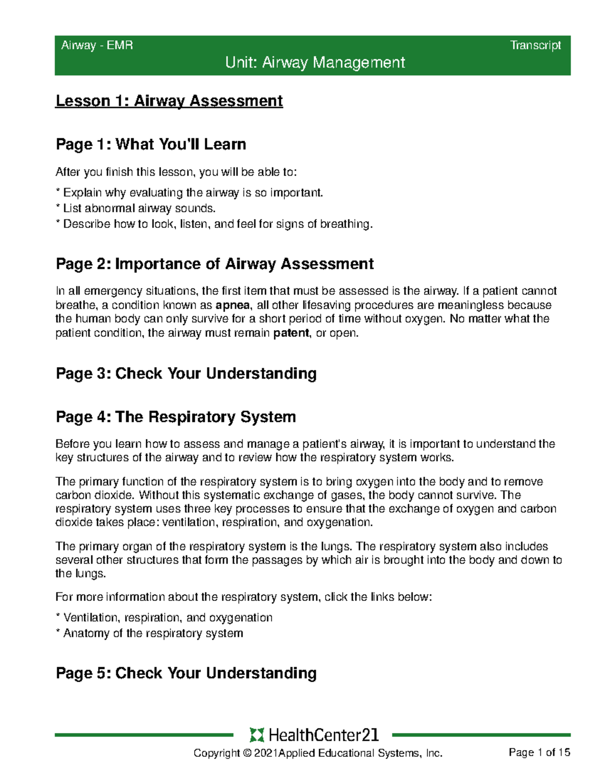 Airway Management Unit 1 Lesson for EMT Training - Studocu