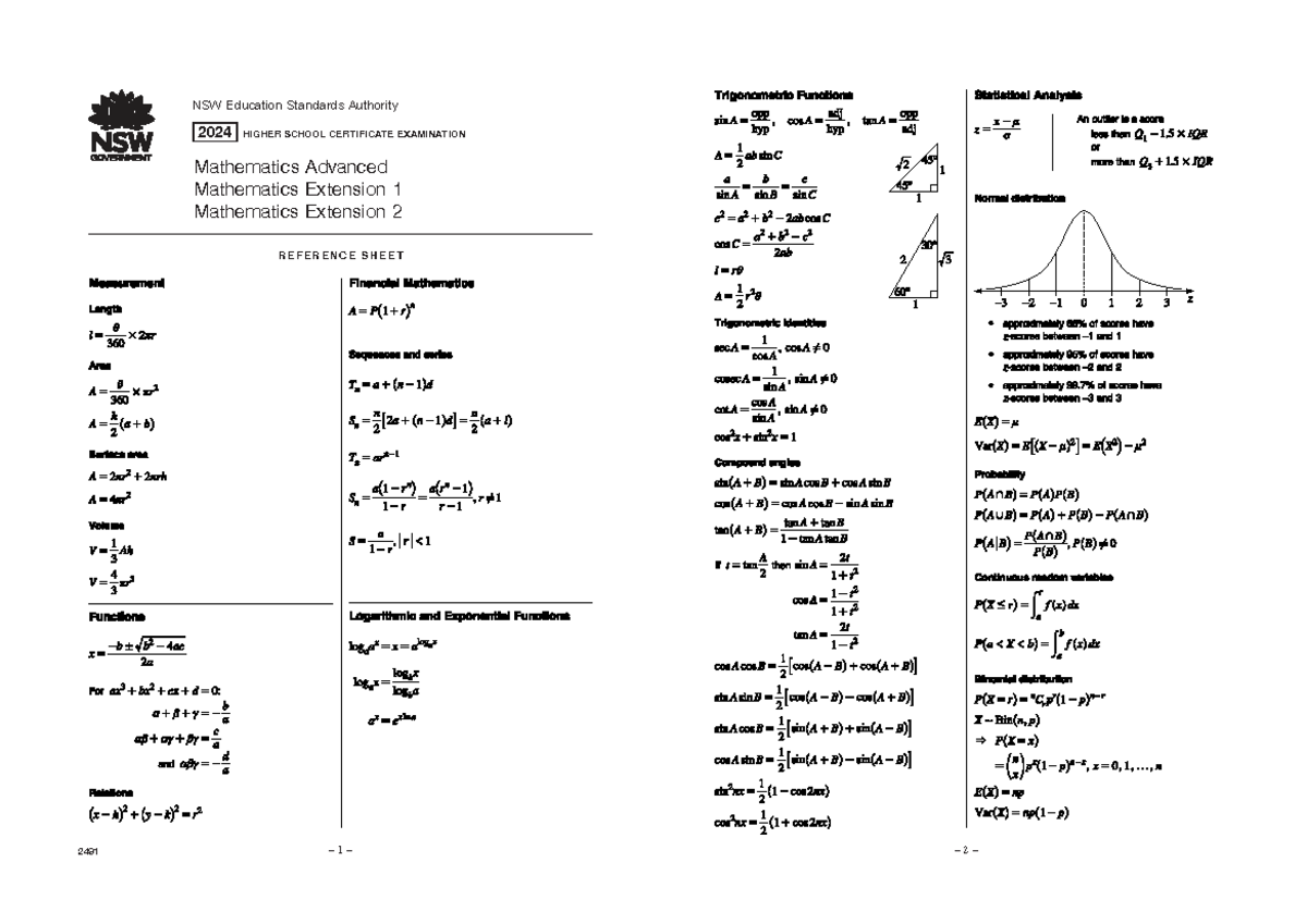 HSC Formula Sheet 2 - aaa - 2491 – 1 – REFERENCE SHEET Mathematics ...