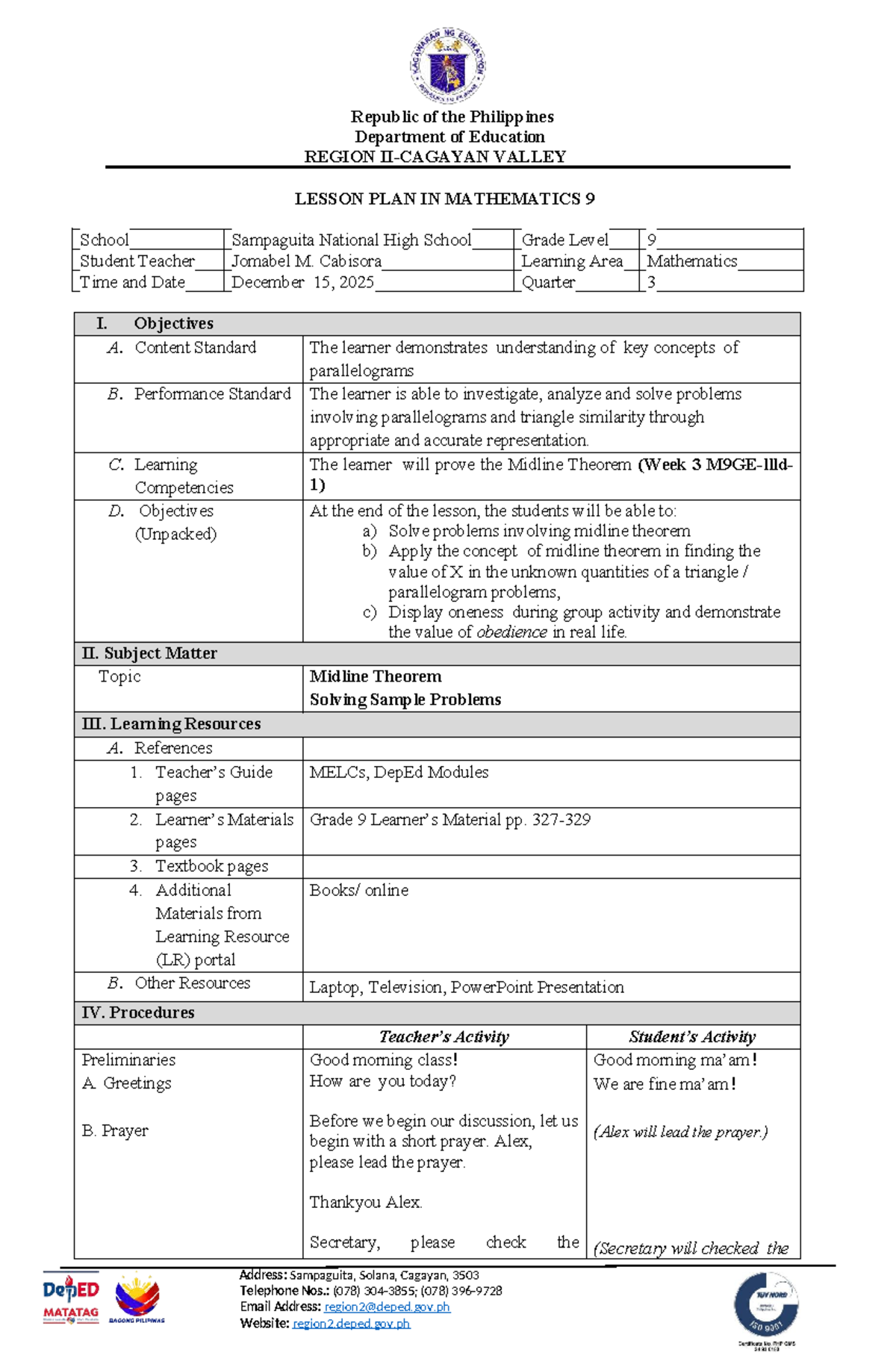 Mathematics 9 Lesson Plan: Understanding the Midline Theorem - Studocu