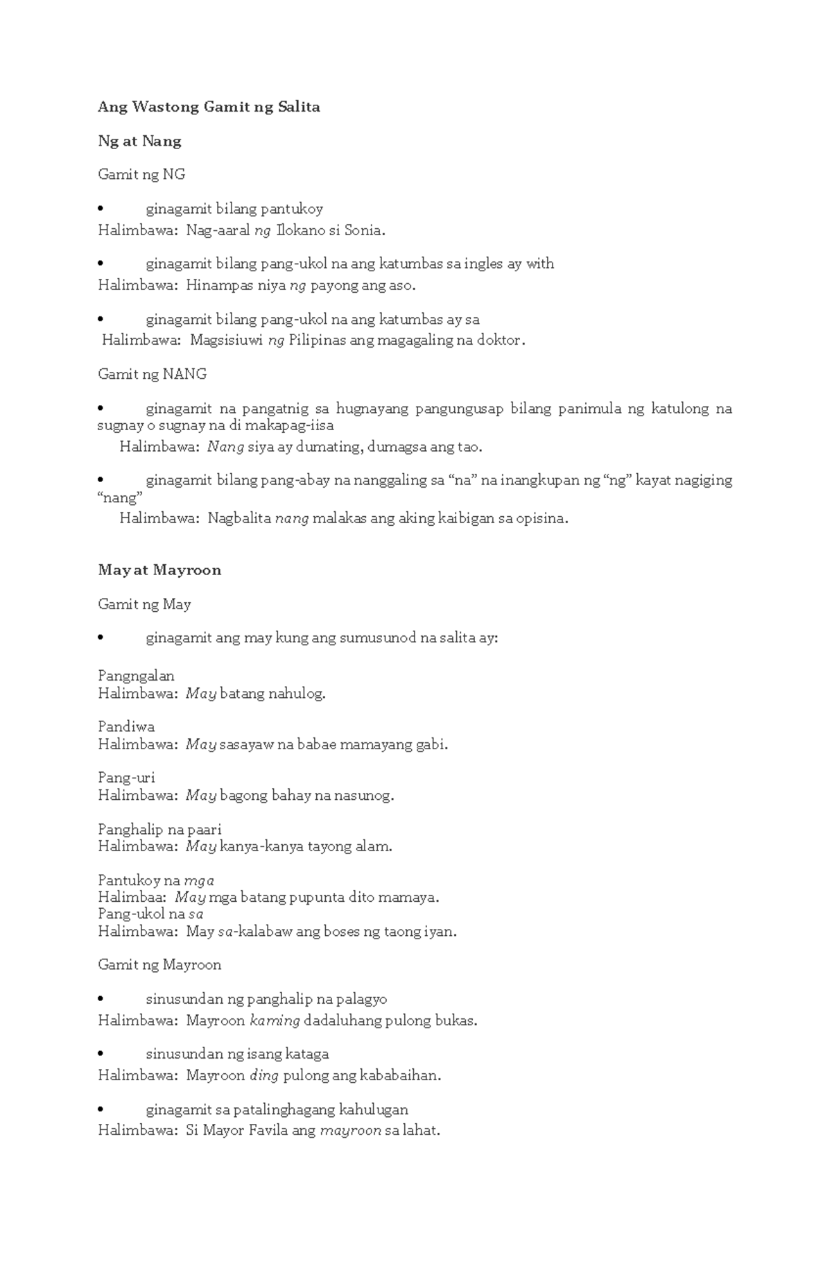 Filipino Language Gamit ng Salita: Review Notes and Examples - Studocu