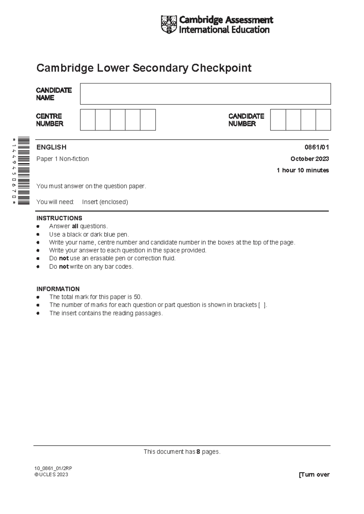 Mark Scheme for Cambridge Lower Secondary Checkpoint English 0861/01 ...