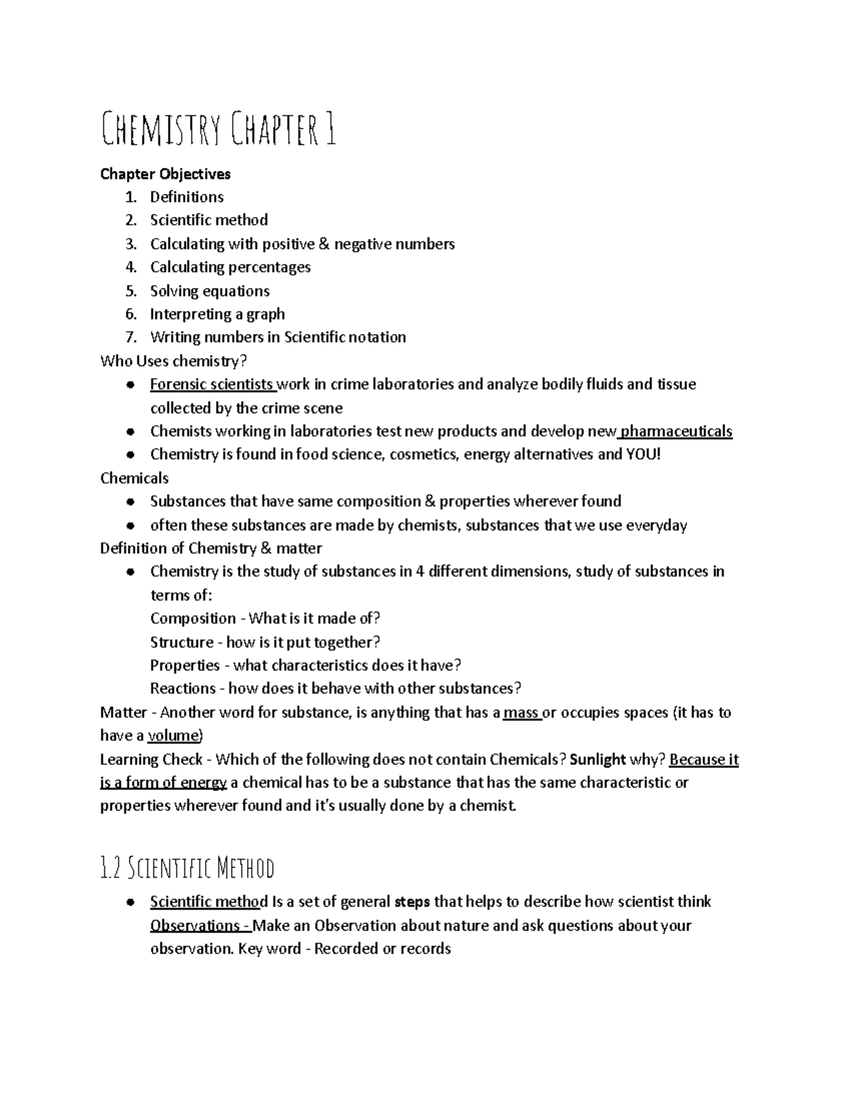 Chemistry Chapter 1 & 2 Overview and Key Concepts - Studocu