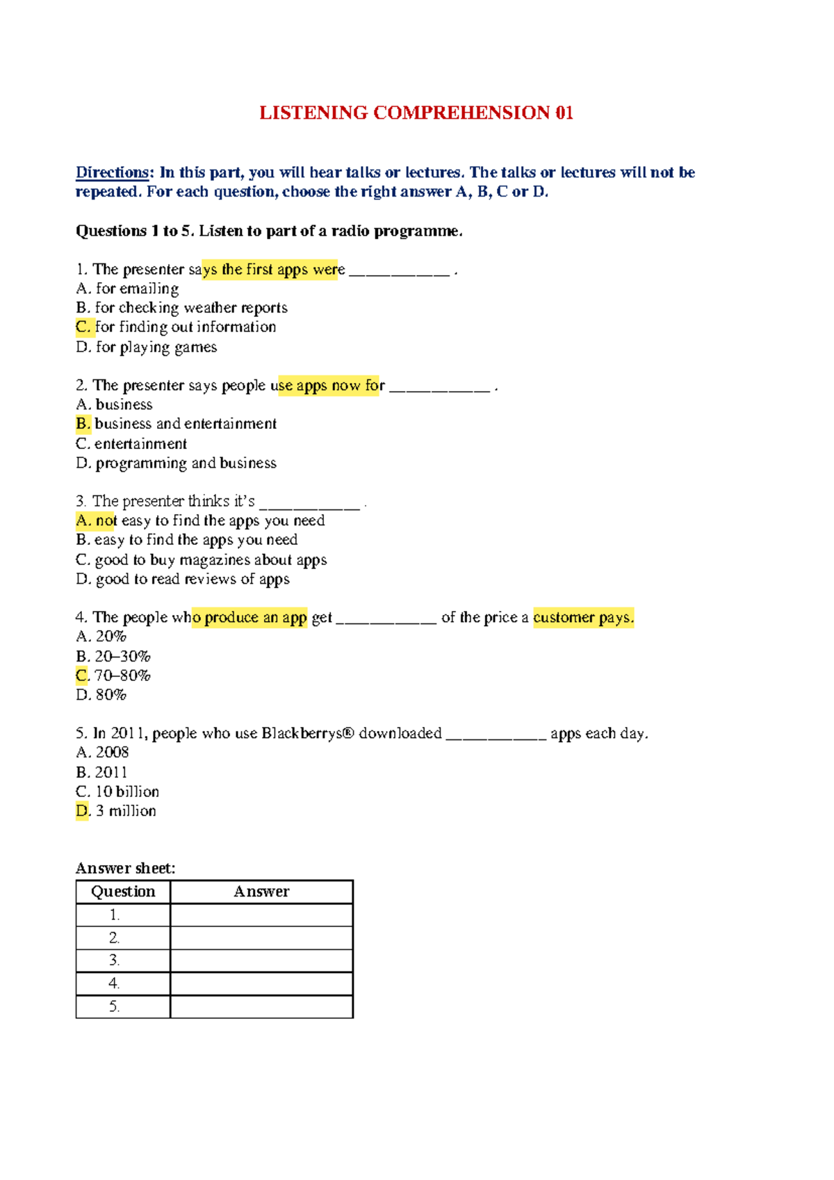 LISTENING COMPREHENSION 01: Radio Programme Questions & Answers - Studocu