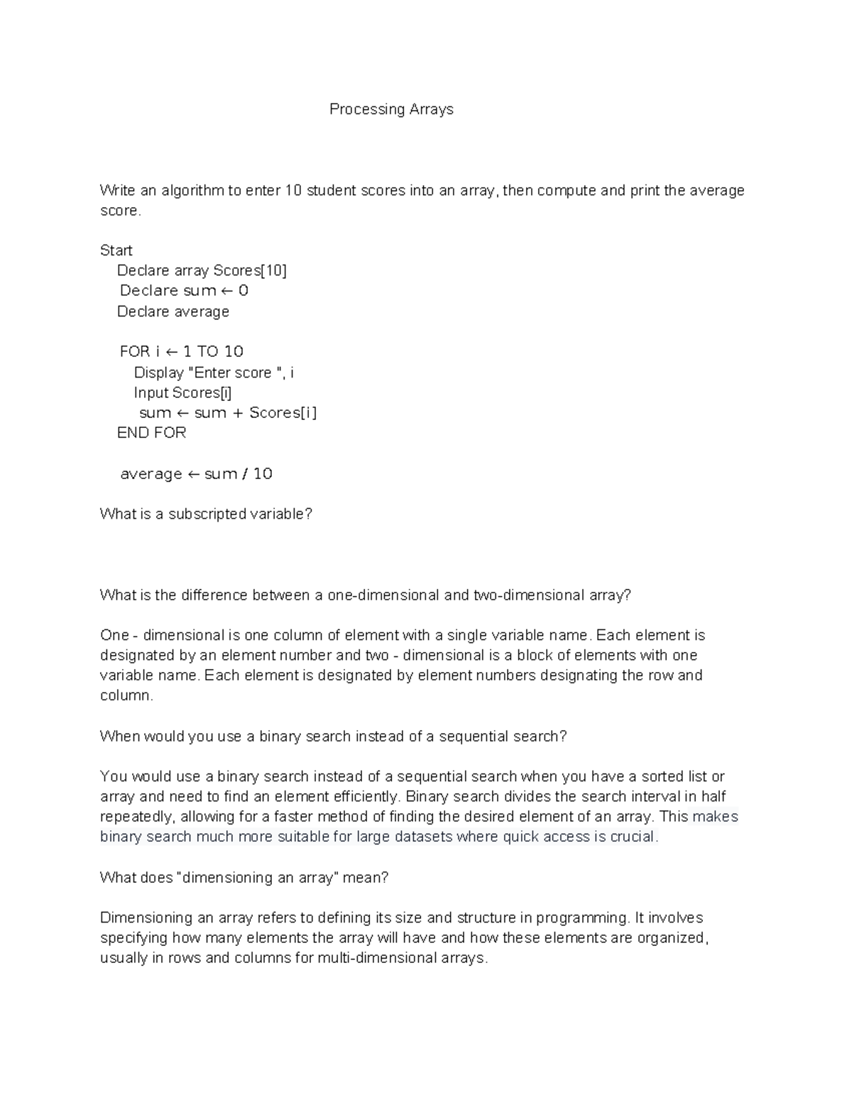 Week 7 - Processing Arrays: Student Scores Algorithm & Concepts - Studocu