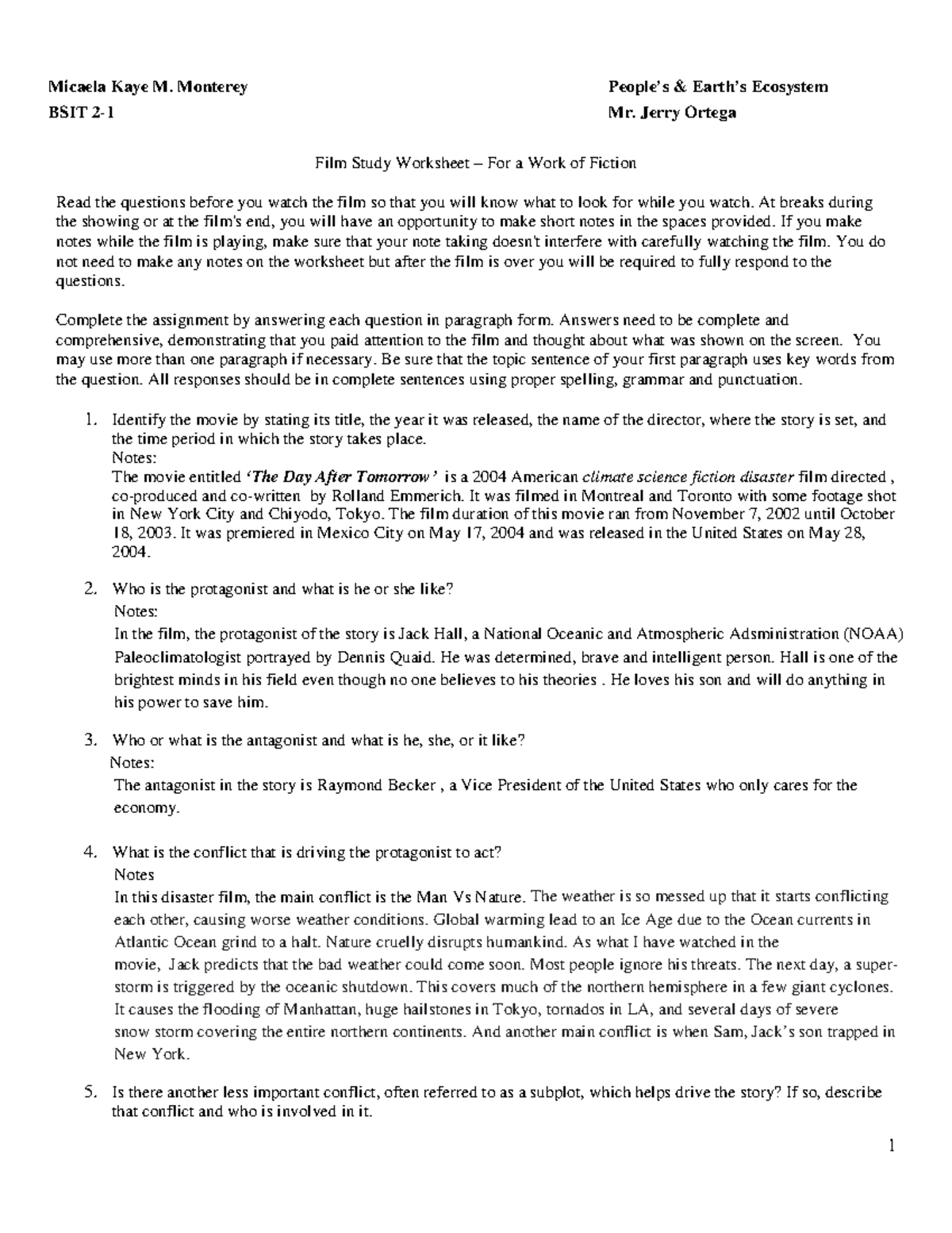 Film Study Worksheet: Analyzing "The Day After Tomorrow" (BSIT 2-1 ...