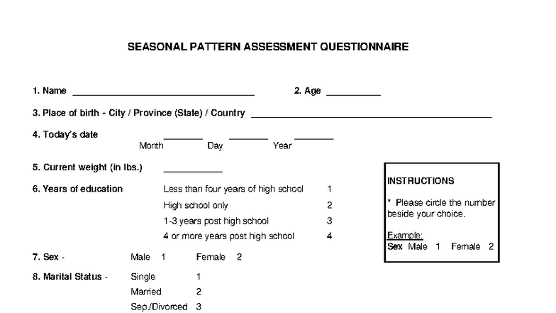 SPA Questionnaire for Seasonal Affective Disorder (SPAQ-SAD) - Studeersnel