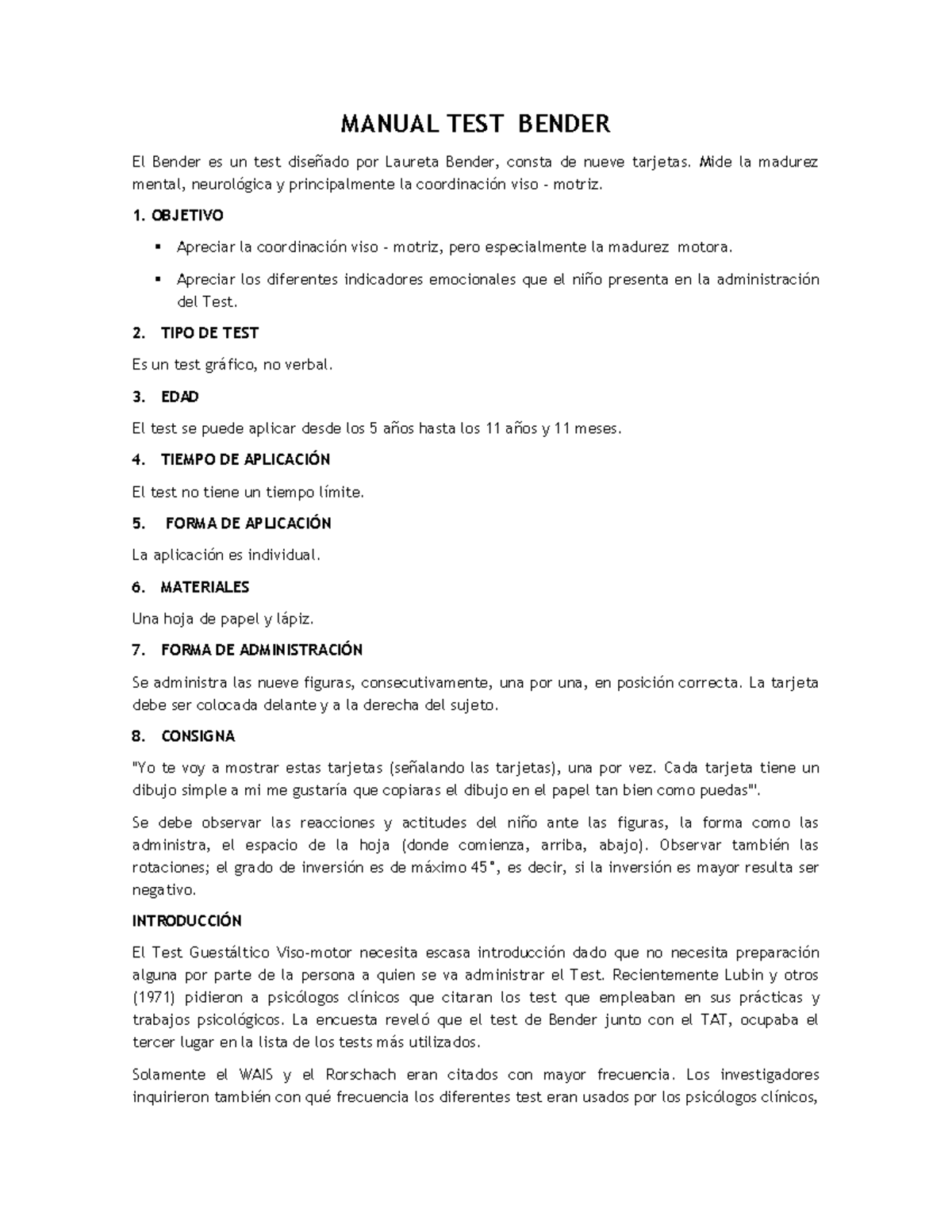 Manual del Test de Bender para Evaluación Viso-Motriz en Niños - Studocu