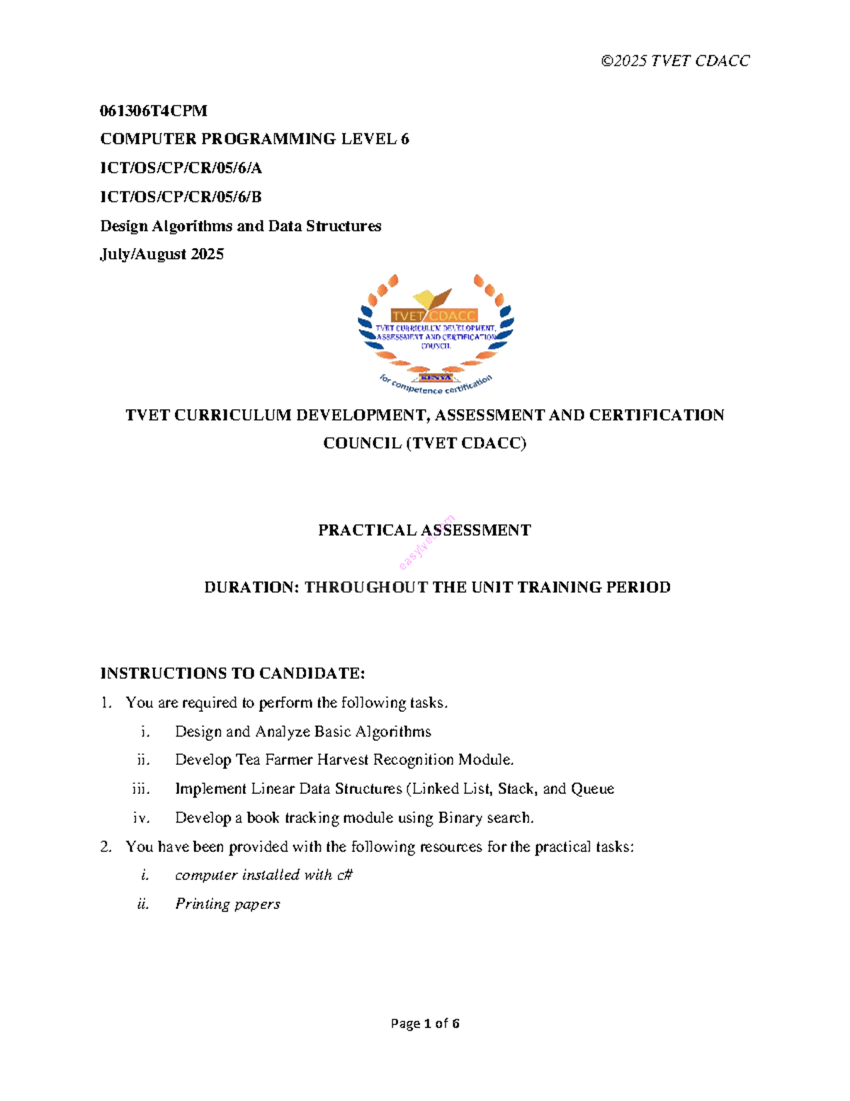 TVET CDACC 061306T4CPM Computer Programming Level 6: Algorithms & Data ...