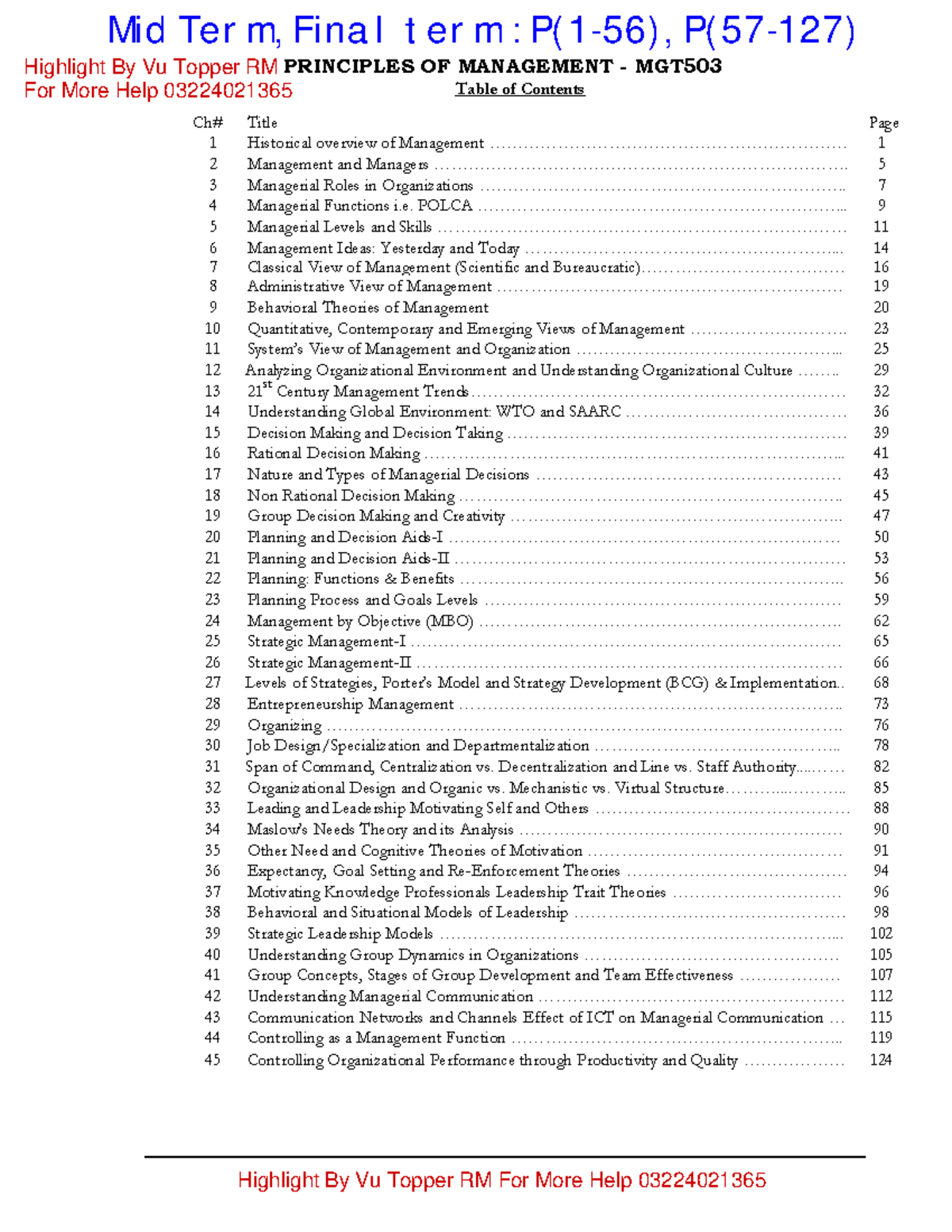 MGT503 Principles of Management Highlights and Key Concepts Handout ...