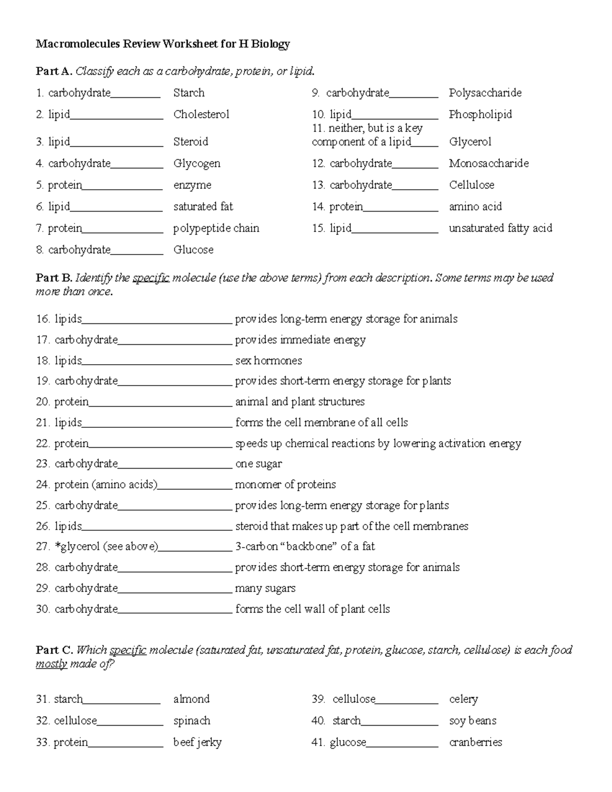 Marocmolecule review worksheet - answer key - Macromolecules Review ...