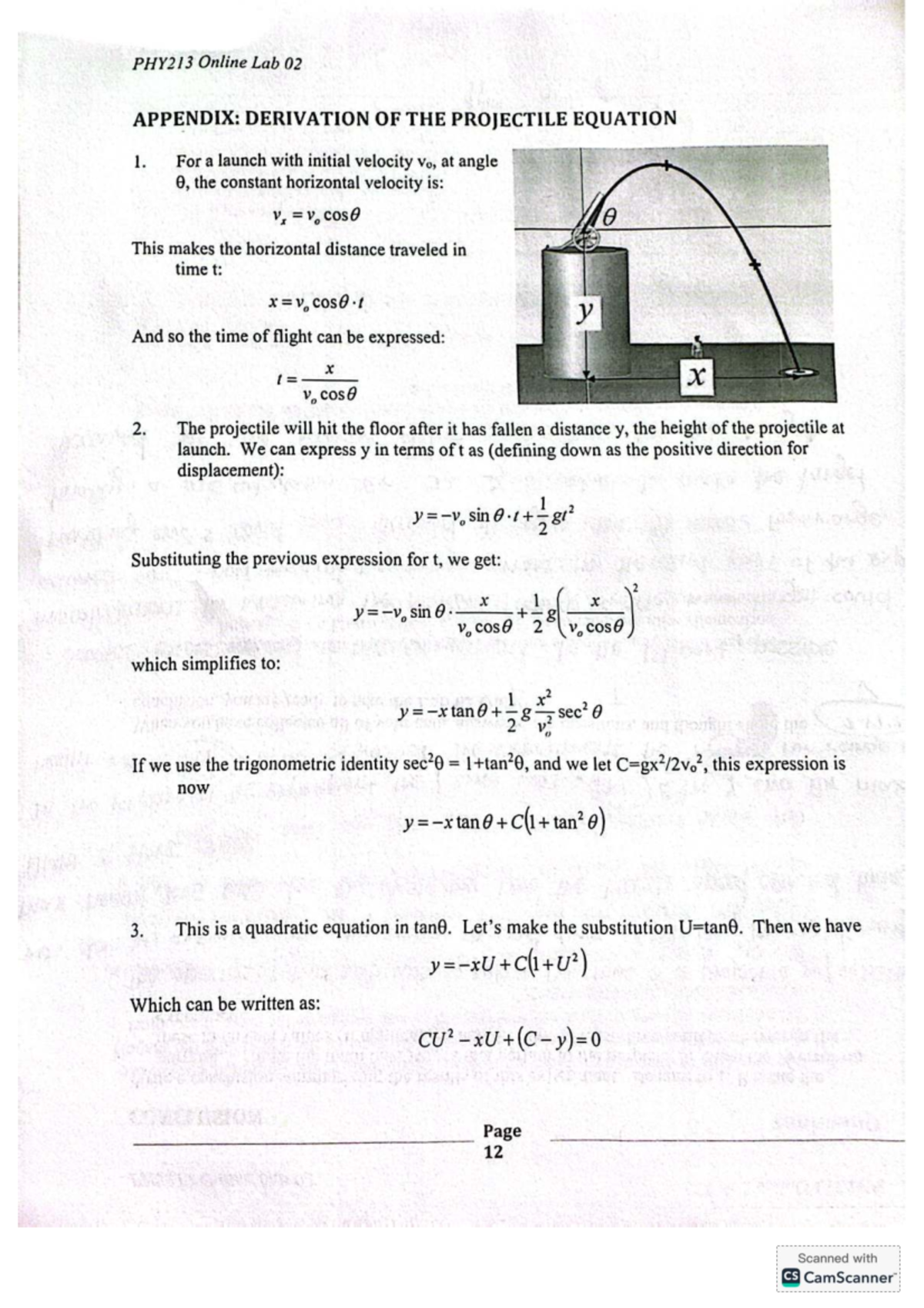 PHY213 Online Lab 02: Derivation of the Projectile Equation - Studocu