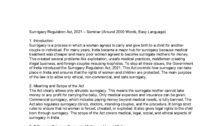 Surrogacy Regulation Act, 2021 Seminar Overview and Insights - Studocu