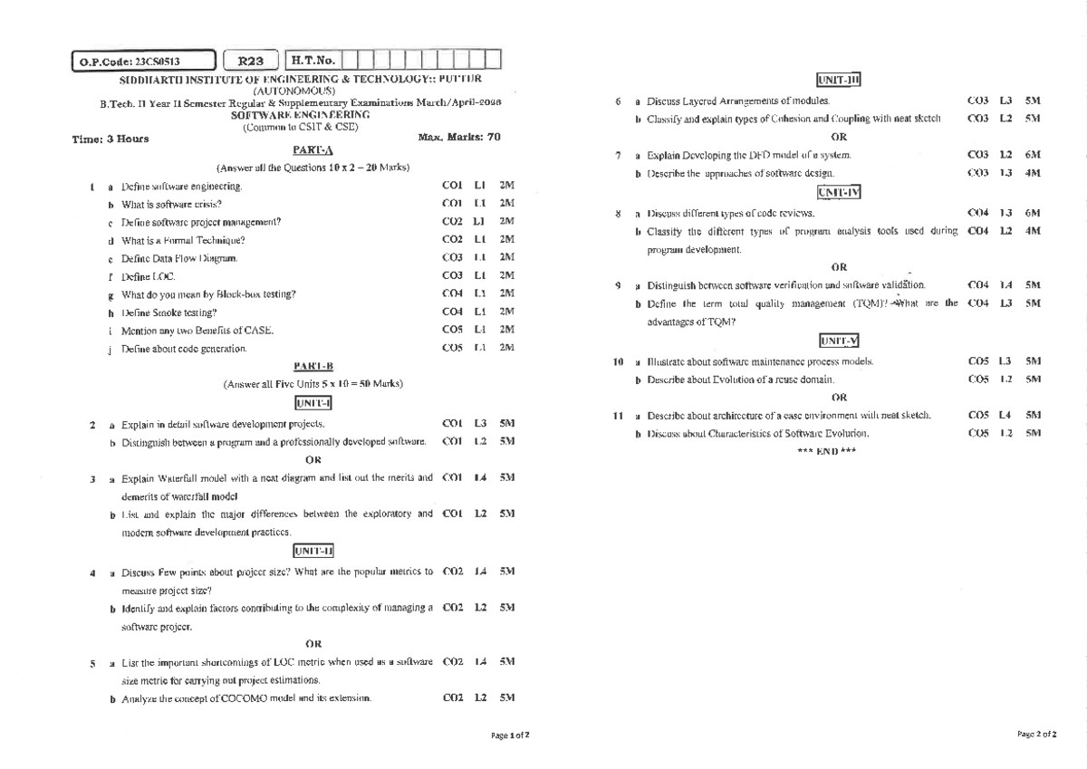 O.P.Code: 23CS0513 R23 Final Exam Paper for Software Engineering (B ...
