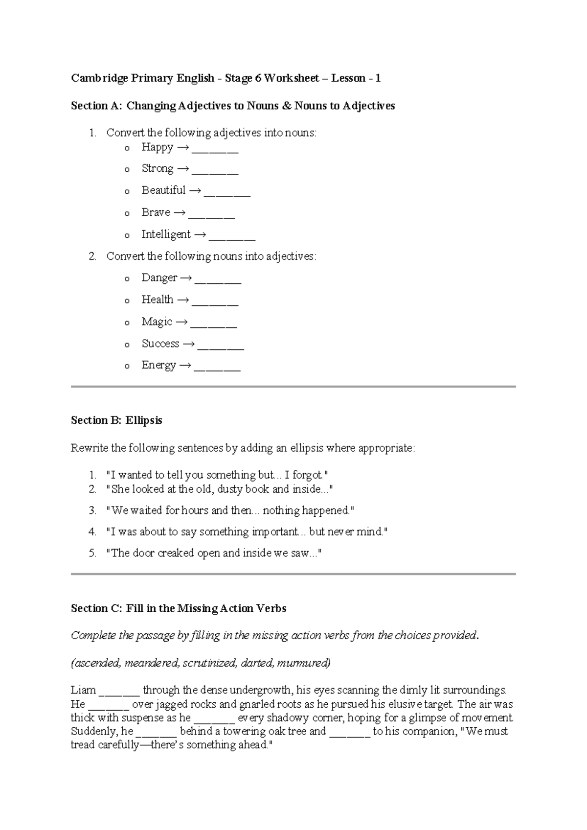 Cambridge Primary English Stage 6 Worksheet: Adjectives & Verbs ...