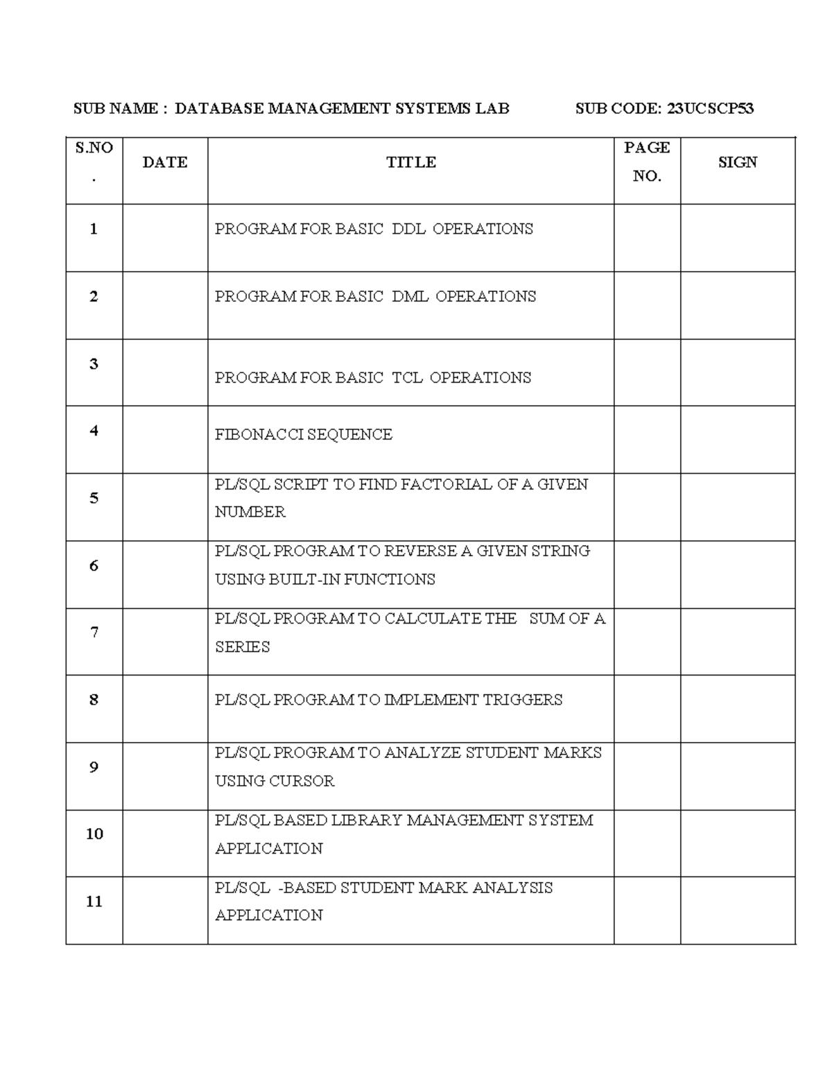 Database Management Systems Lab (23UCSCP53) - Program Index - Studocu