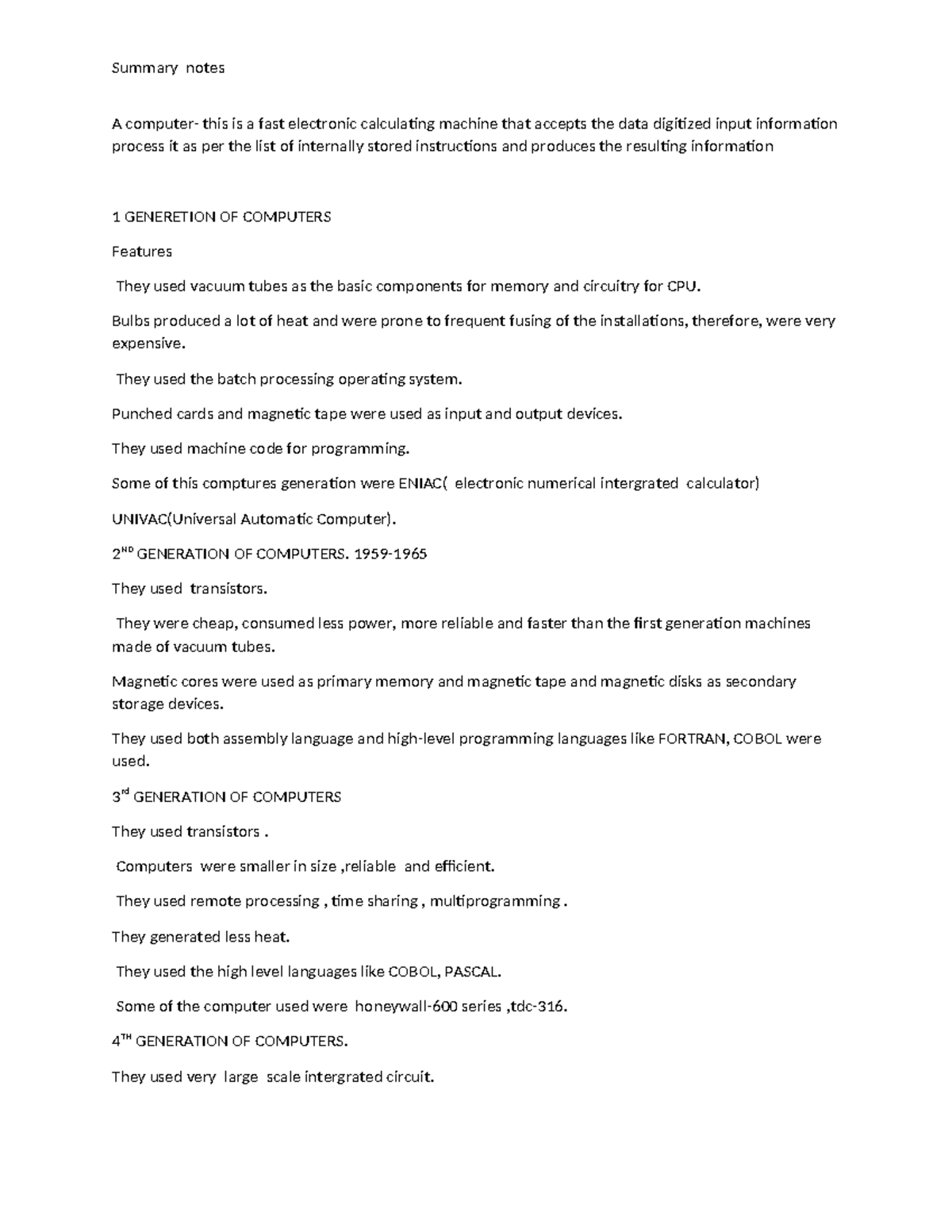 Summary Notes on Computer Generations and Architecture (CS101) - Studocu