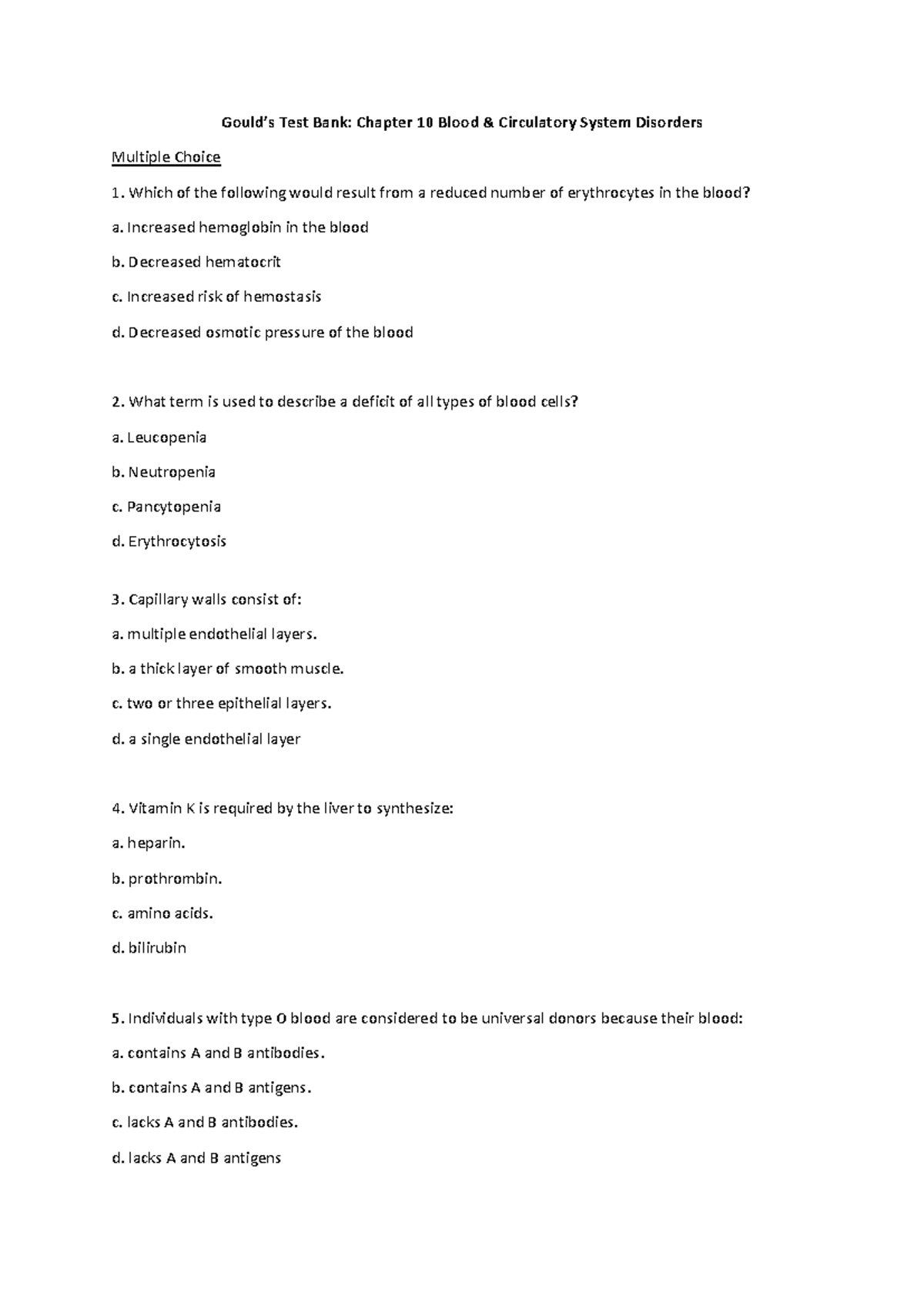Ch10 blood and circulatory system disorders - Gould’s Test Bank ...