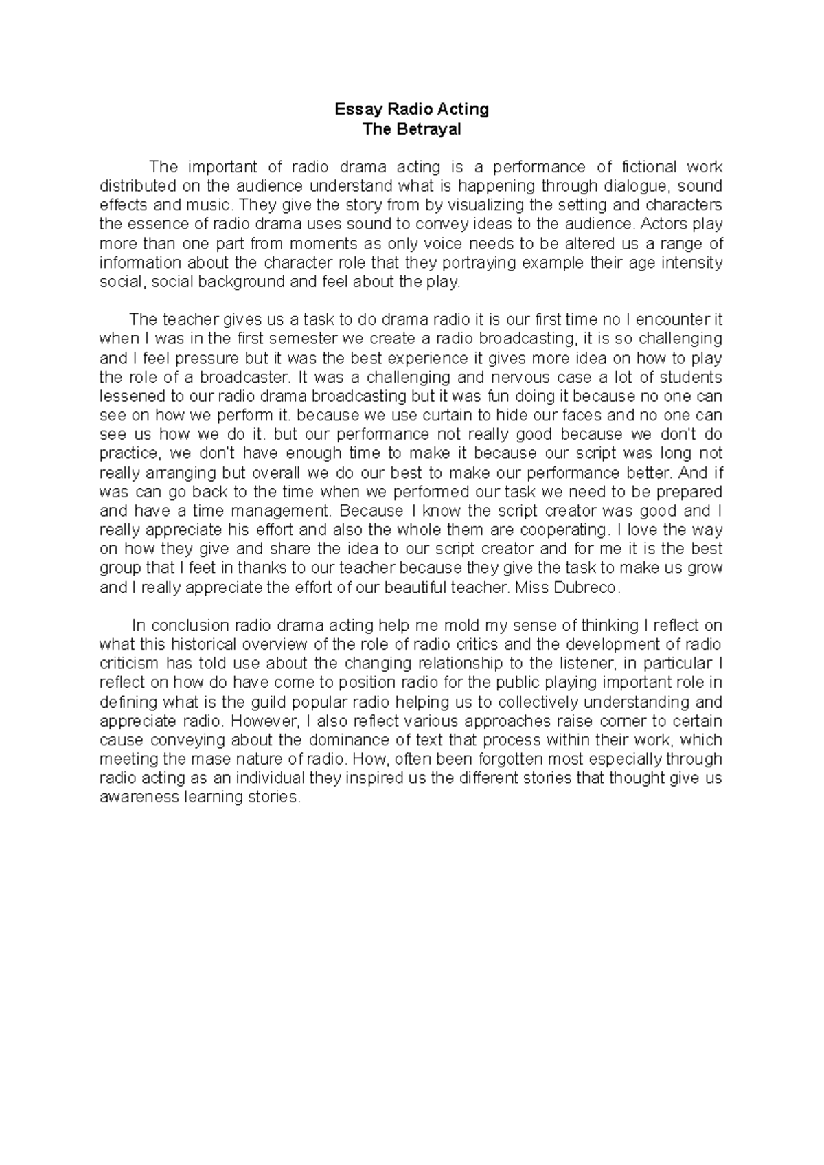 Essay on Radio Acting: Insights and Reflections - BSEd 1 - Studocu