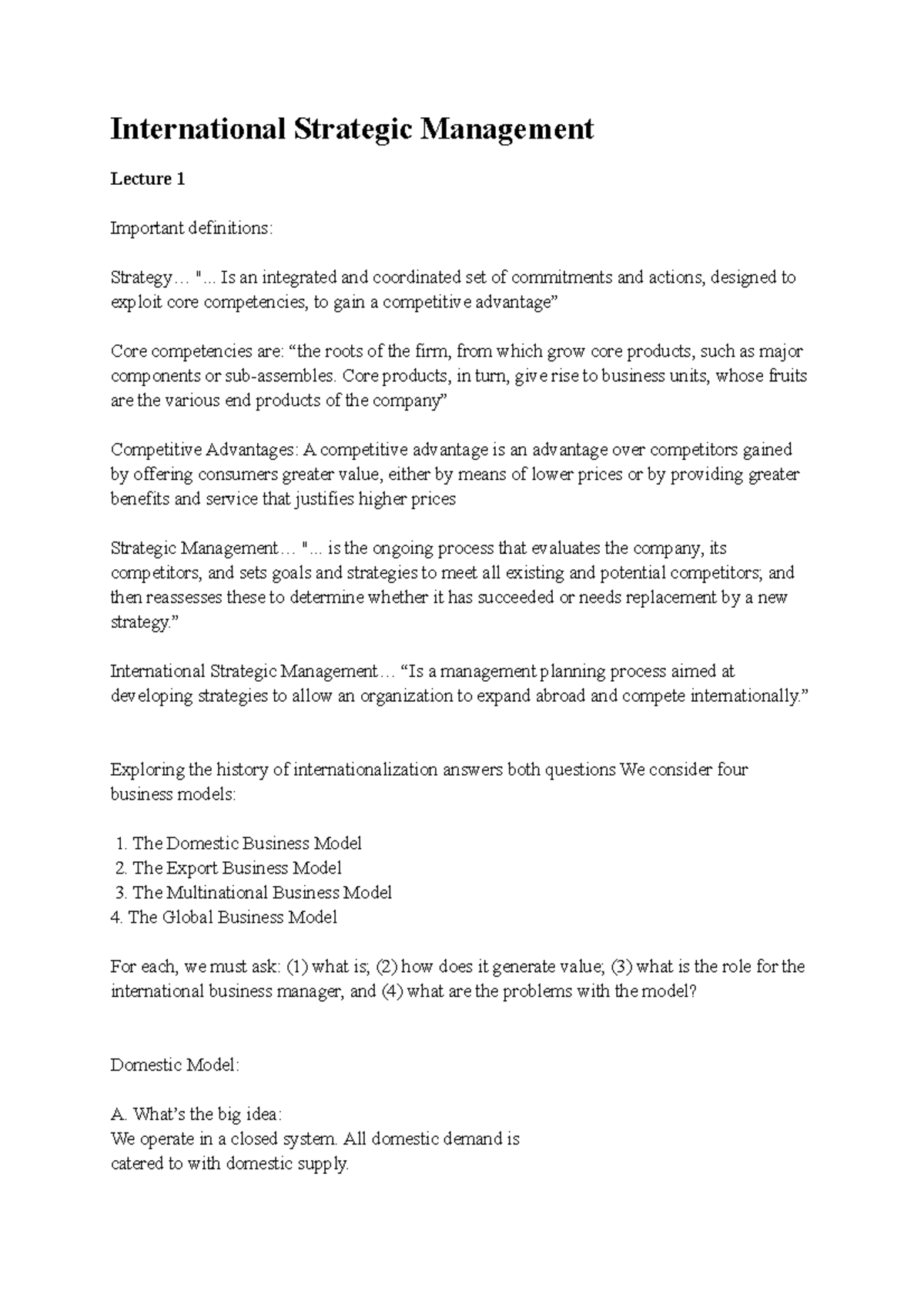 International Strategic Management Lecture notes, lecture 1 ...