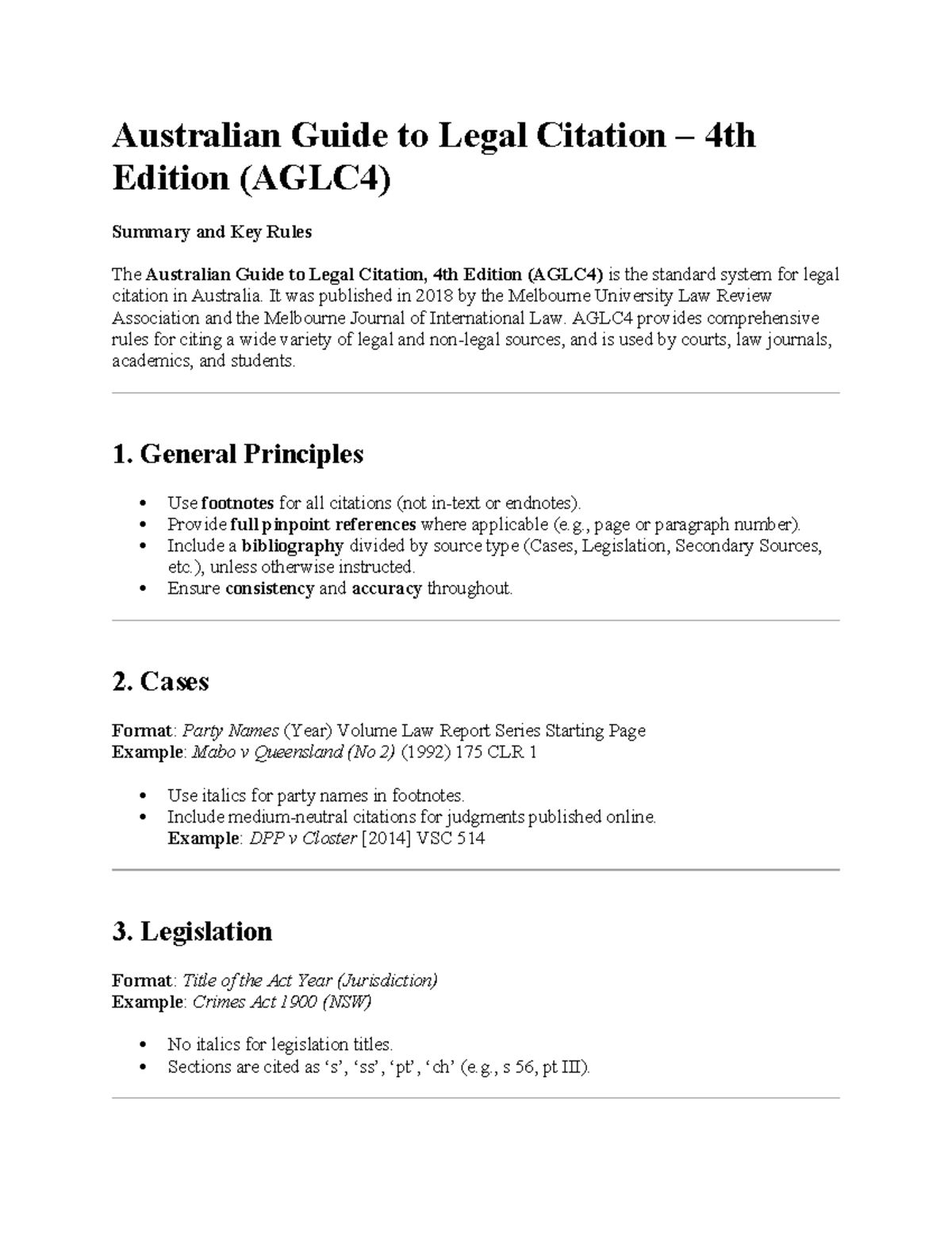 AGLC4 Summary: Key Rules for Legal Citation in Australia - Studocu