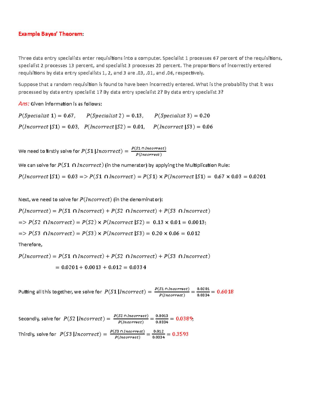 Example Bayes Theorem - Example Bayes’ Theorem: Three data entry ...