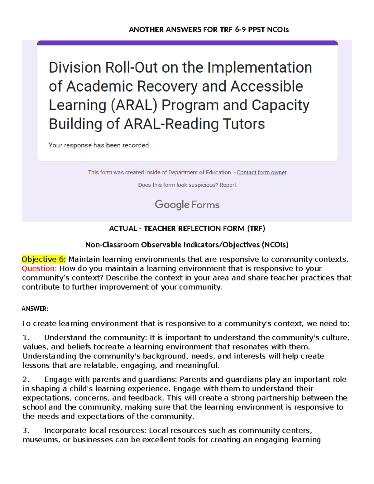 TRF NCOIs Teacher Reflection Form: Enhancing Learning Environments ...