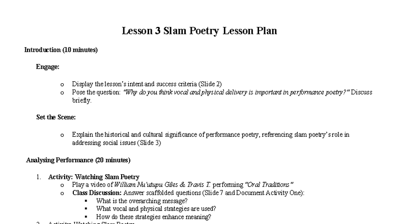 Lesson 3: Engaging with Slam Poetry Techniques and Performance - Studocu