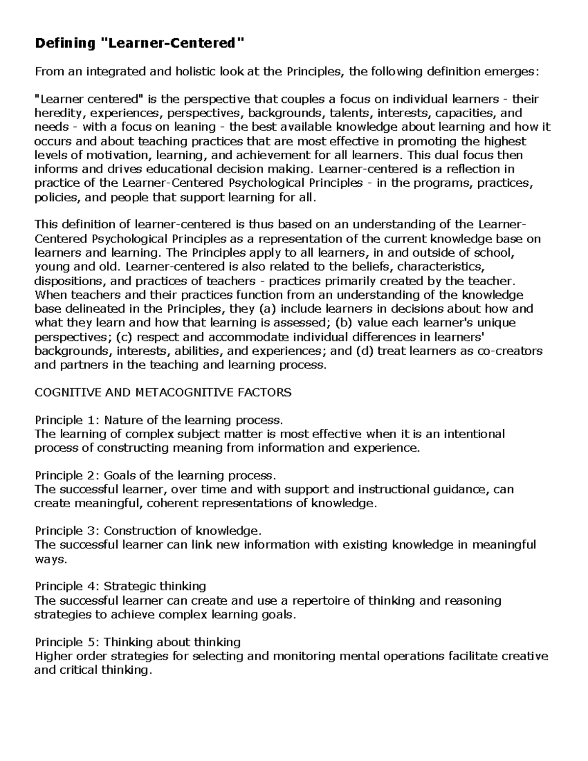 Defining Learner-Centered Psychological Principles (LCP) - Studocu