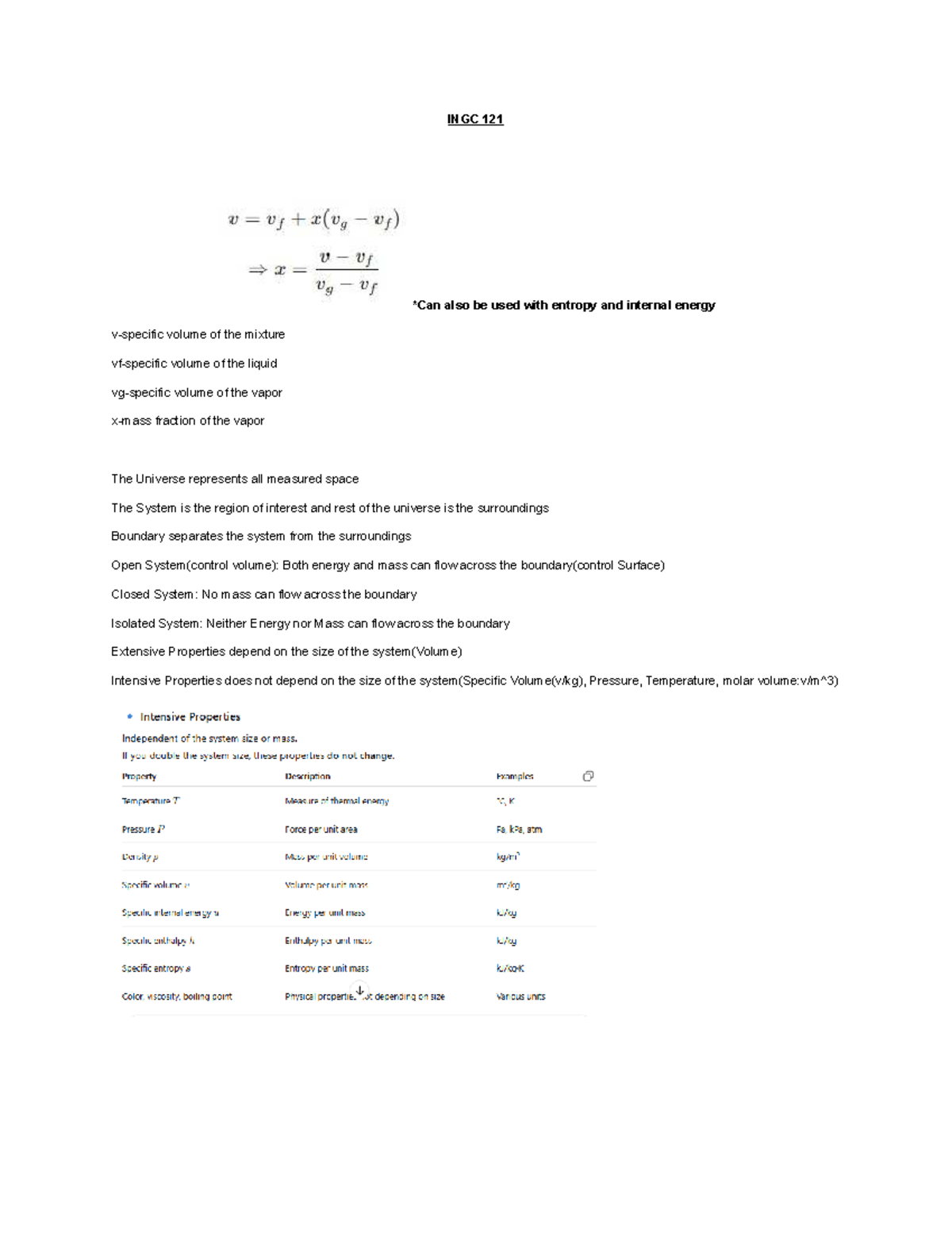 INGC 121 Summary: Thermodynamic Concepts and Properties - Studocu