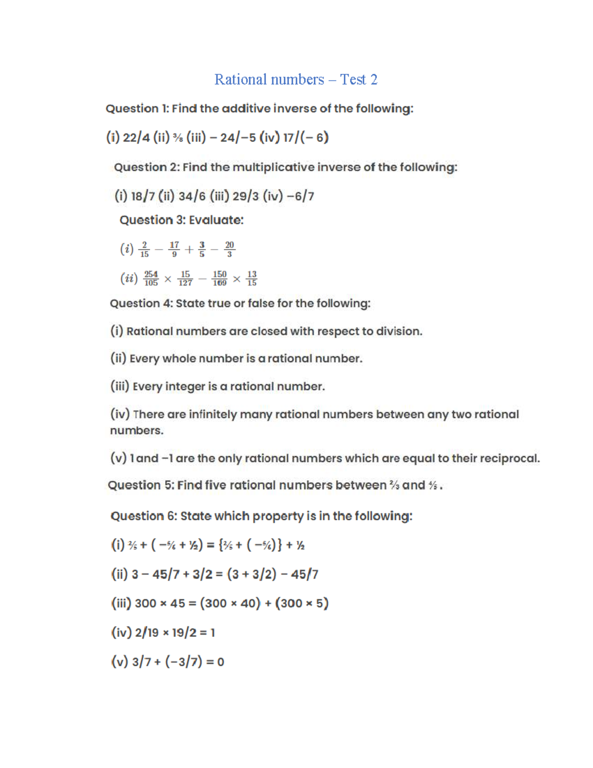Rational Numbers - Test Paper 2: Inverses & Properties - Studocu