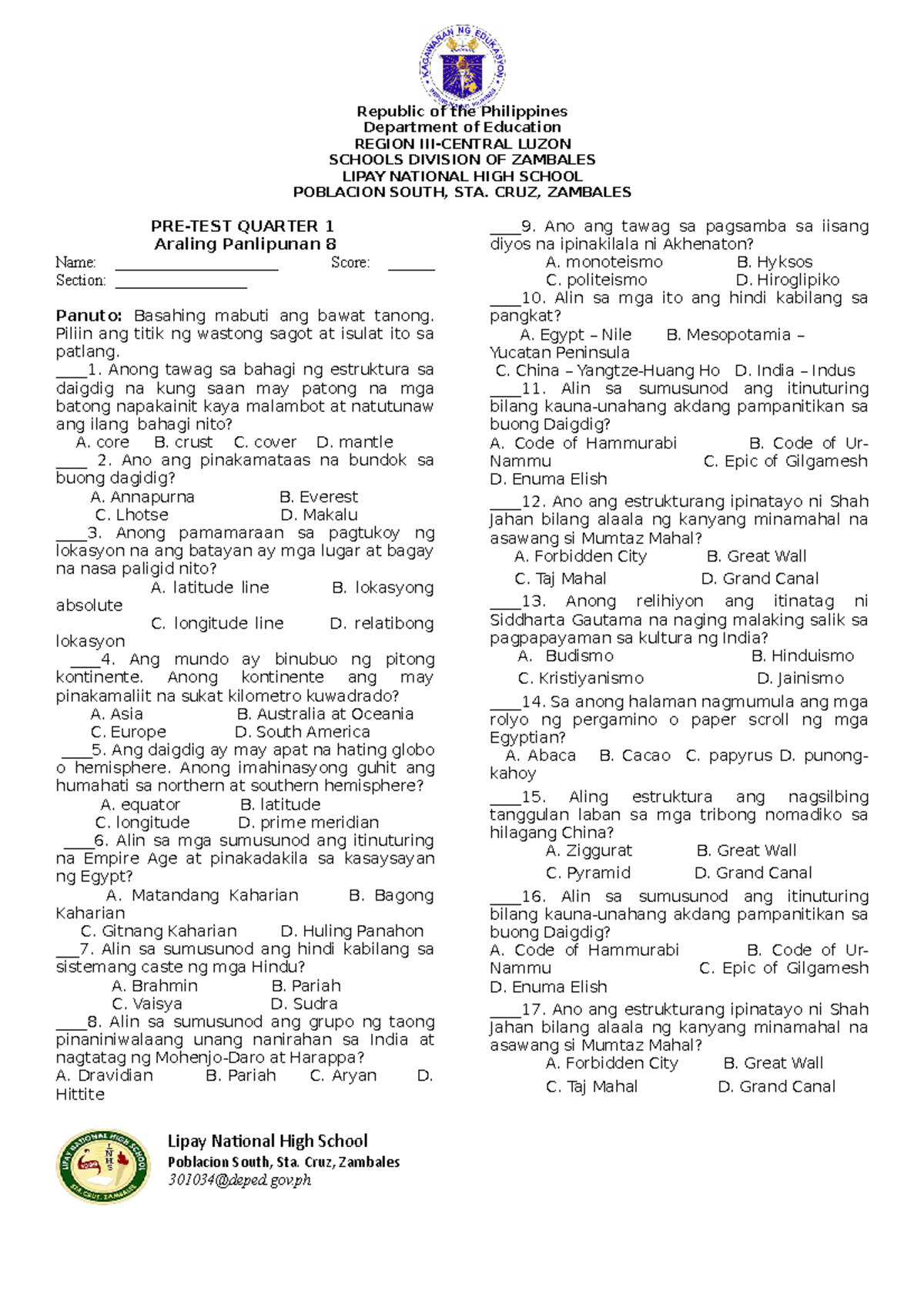 PRE-TEST AP 8 Q1: Introduction to Araling Panlipunan Concepts - Studocu