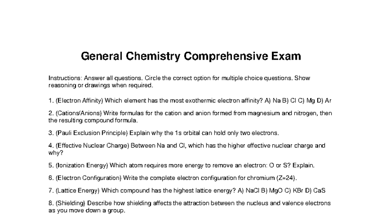 General Chemistry Exam - General Chemistry Comprehensive Exam ...