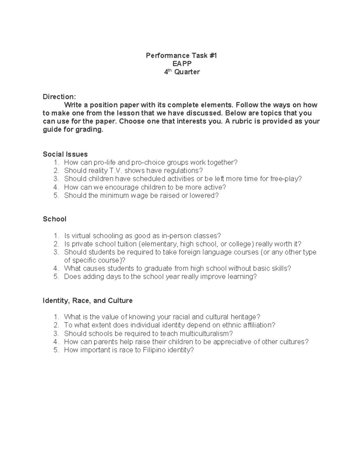 EAPP Q4 Performance Task 1: Position Paper Guidelines and Topics - Studocu