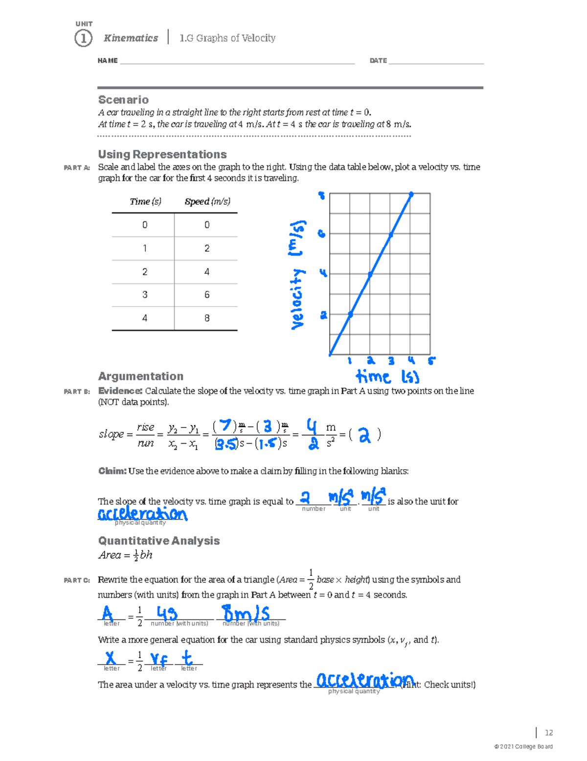 1G AP Physics: Graphs of Velocity and Kinematic Analysis - Studocu