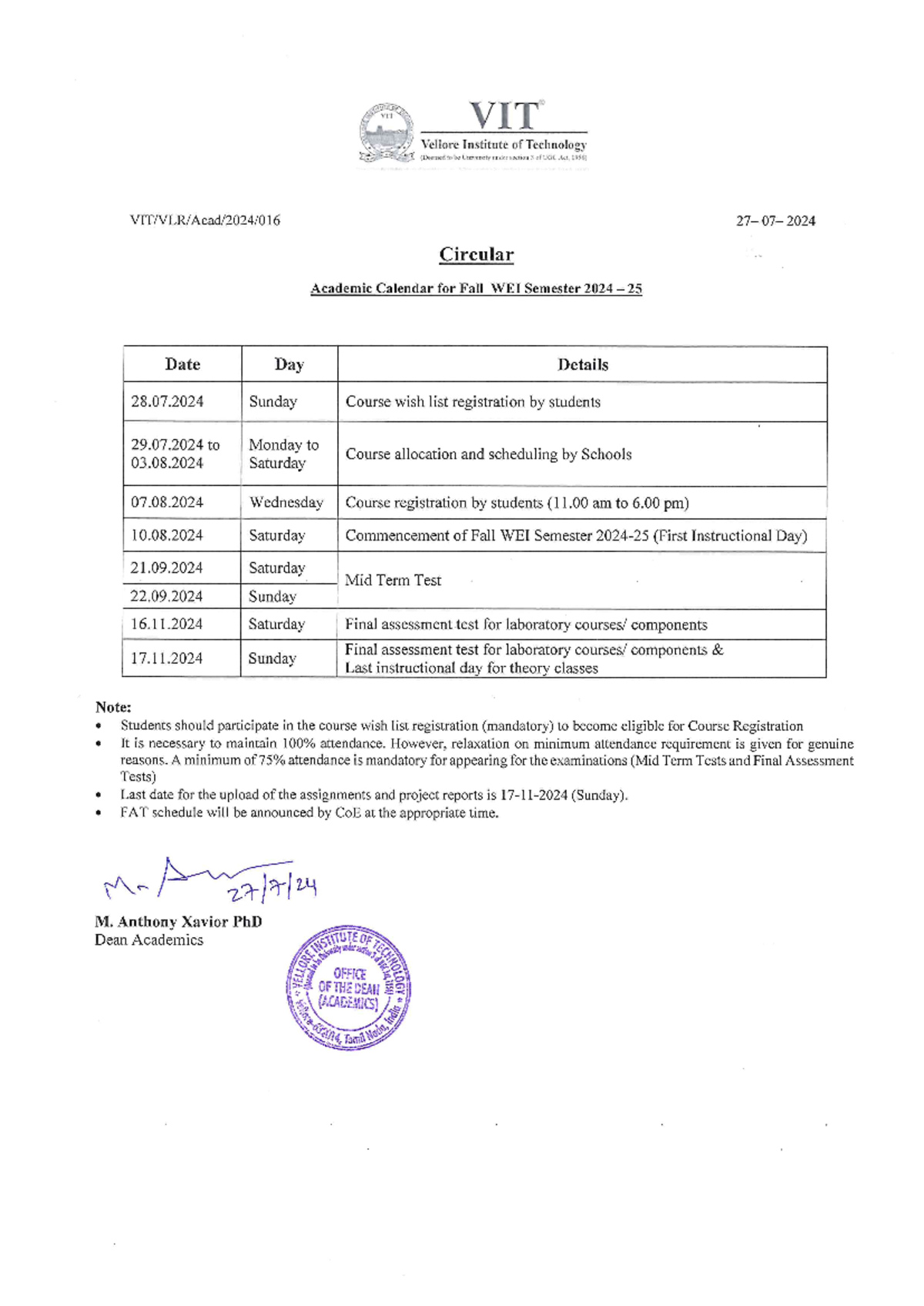 Fall WEI Semester 2024-25 Academic Calendar - VIT Vellore Institute ...