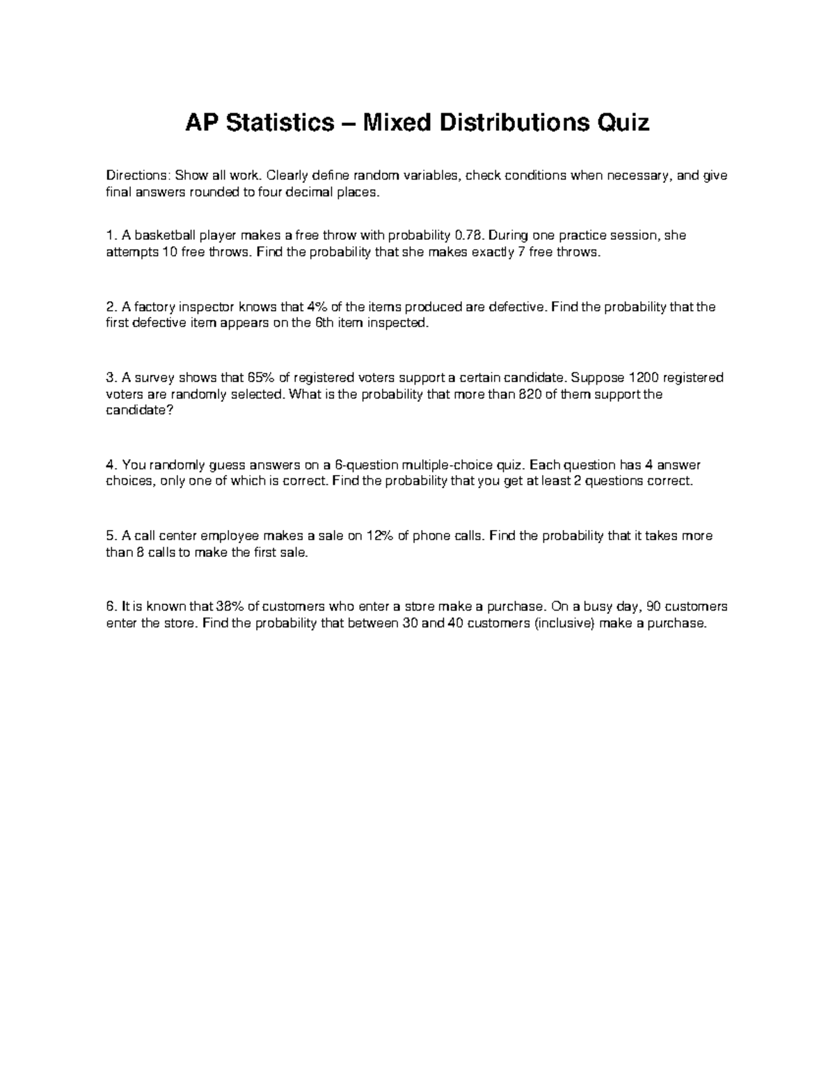 AP Stats Mixed Distributions Quiz: Probability Problems and Solutions ...