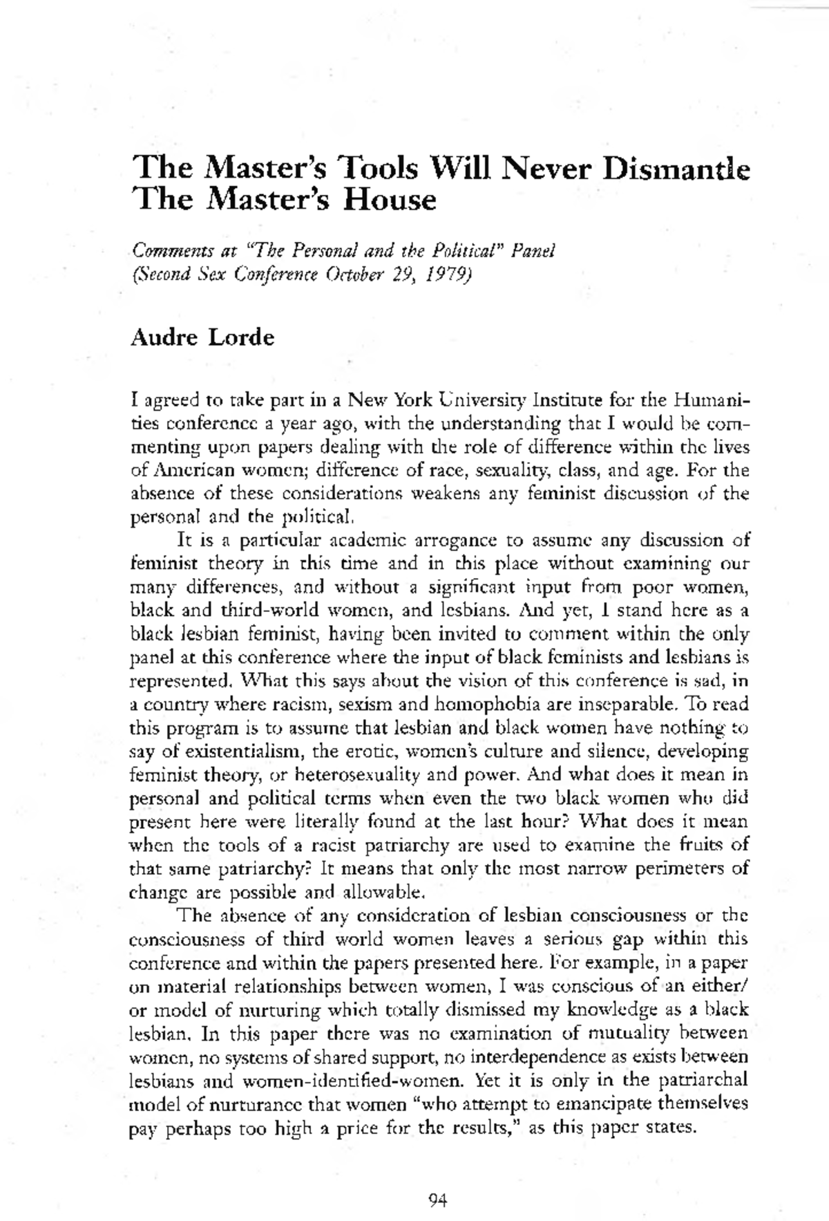 Audre Lorde: The Master's Tools Will Never Dismantle the Master's House ...