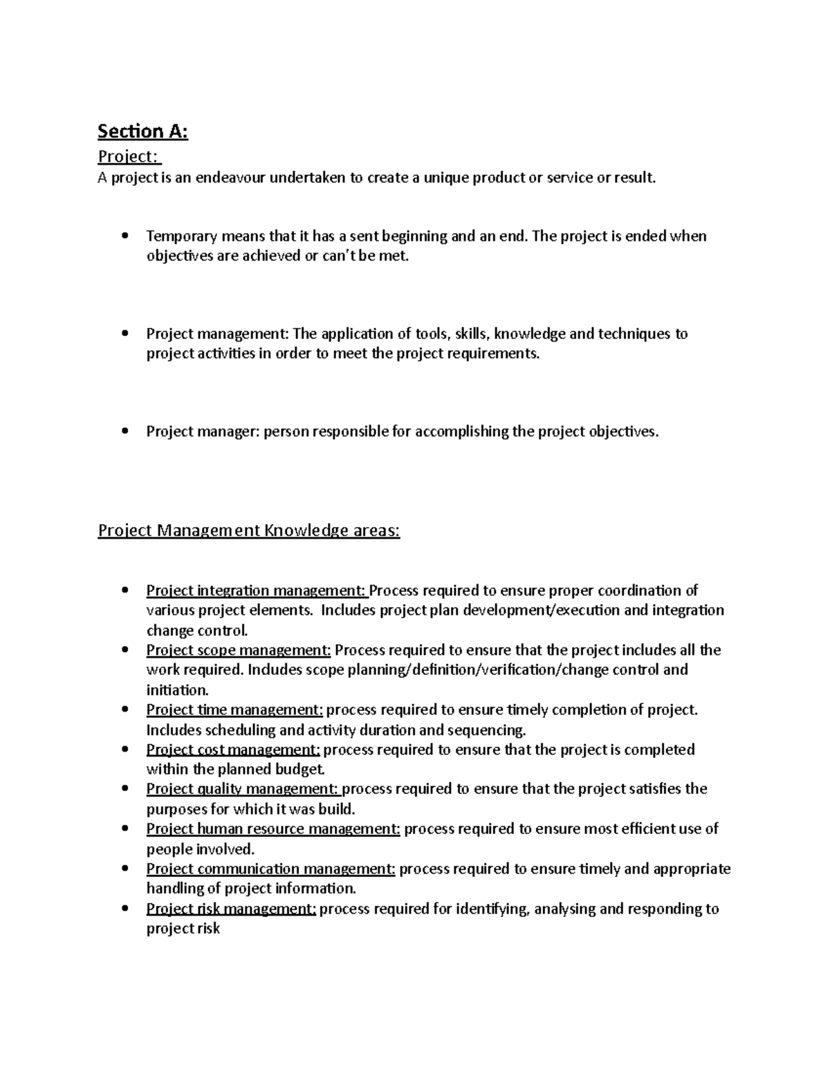 ENGR 301 - Midterm Review notes - Section A: Project: A project is an ...