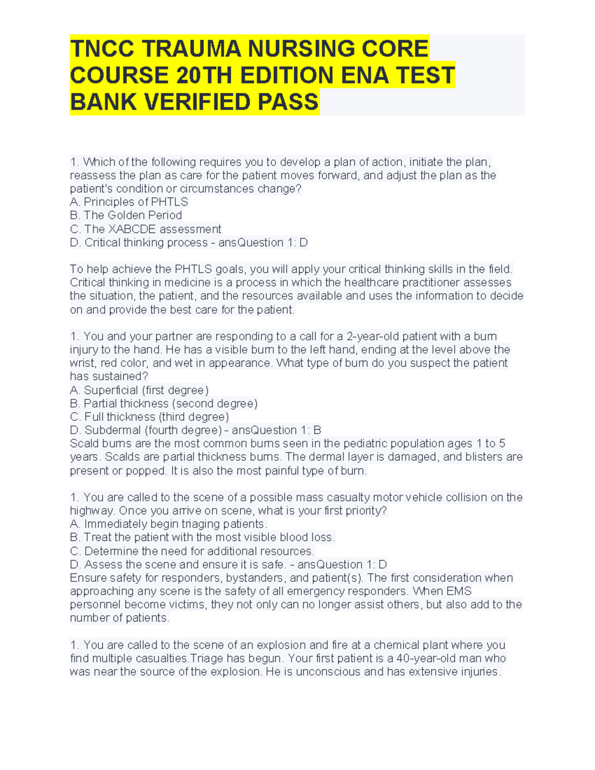 TNCC Trauma Nursing Core Course 20th Edition ENA Test Bank Insights ...
