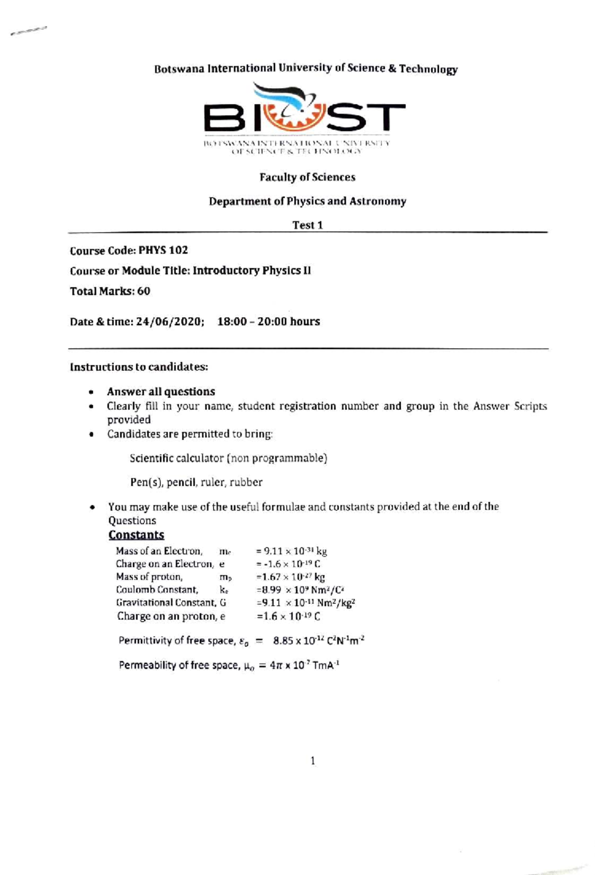 PHYS 102 Test 1: Introductory Physics I - 2020 Exam Guide - Studocu