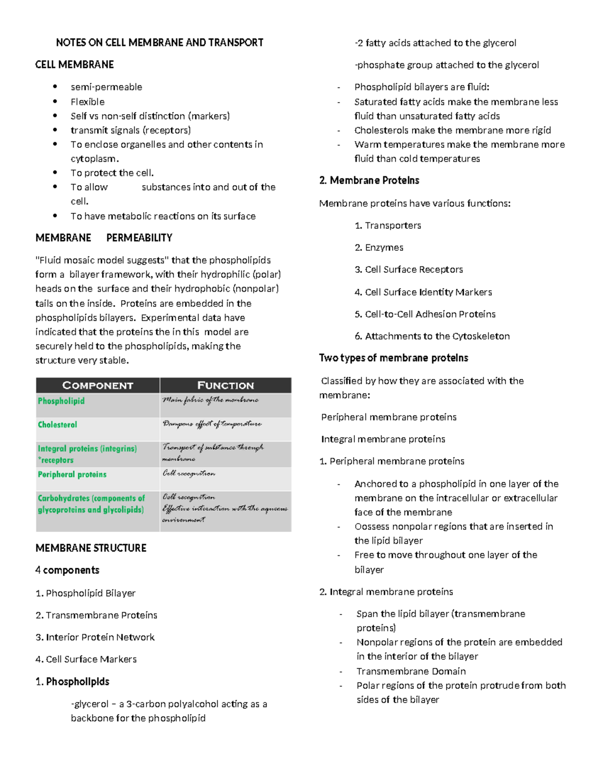 Notes ON CELL Membrane AND Transport - NOTES ON CELL MEMBRANE AND ...