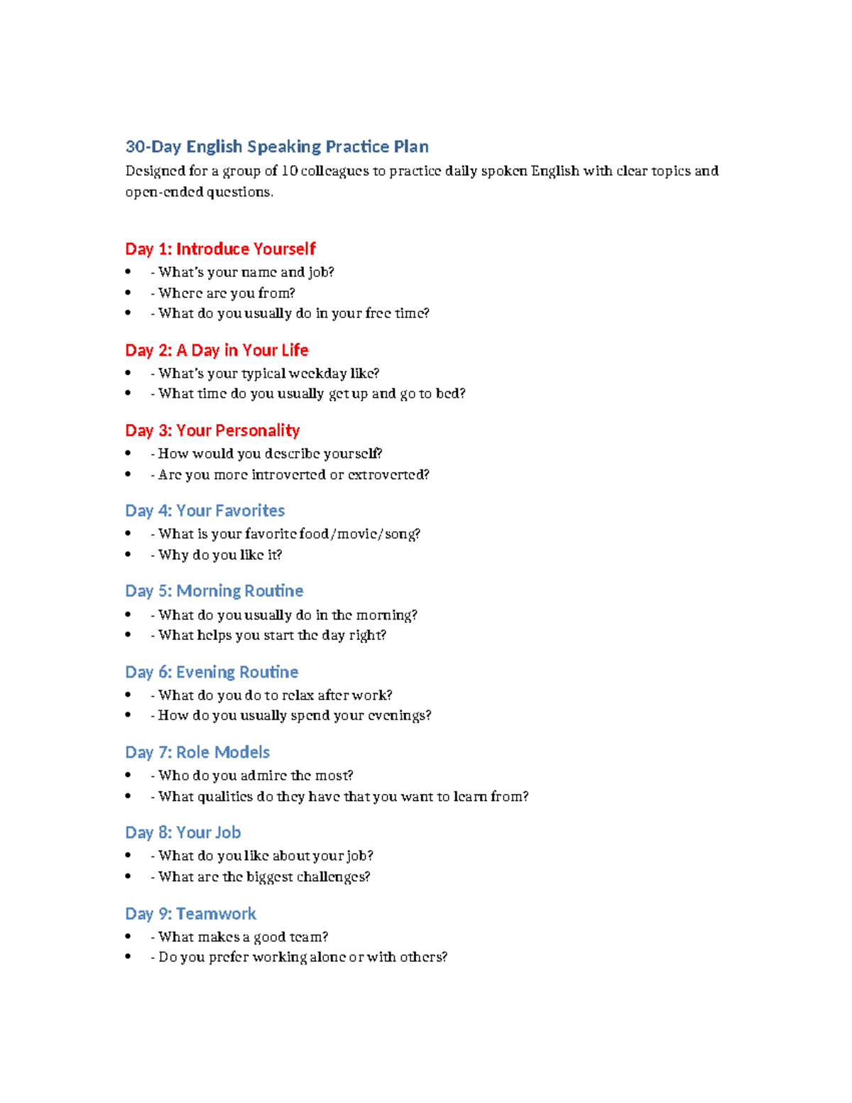 30-Day English Speaking Practice Plan for Colleagues - Studocu