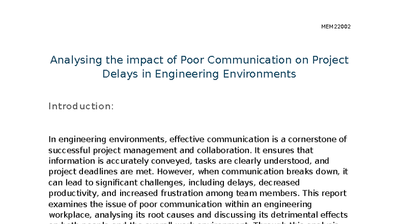MEM22002 Analysis of Poor Communication's Impact on Project Delays ...
