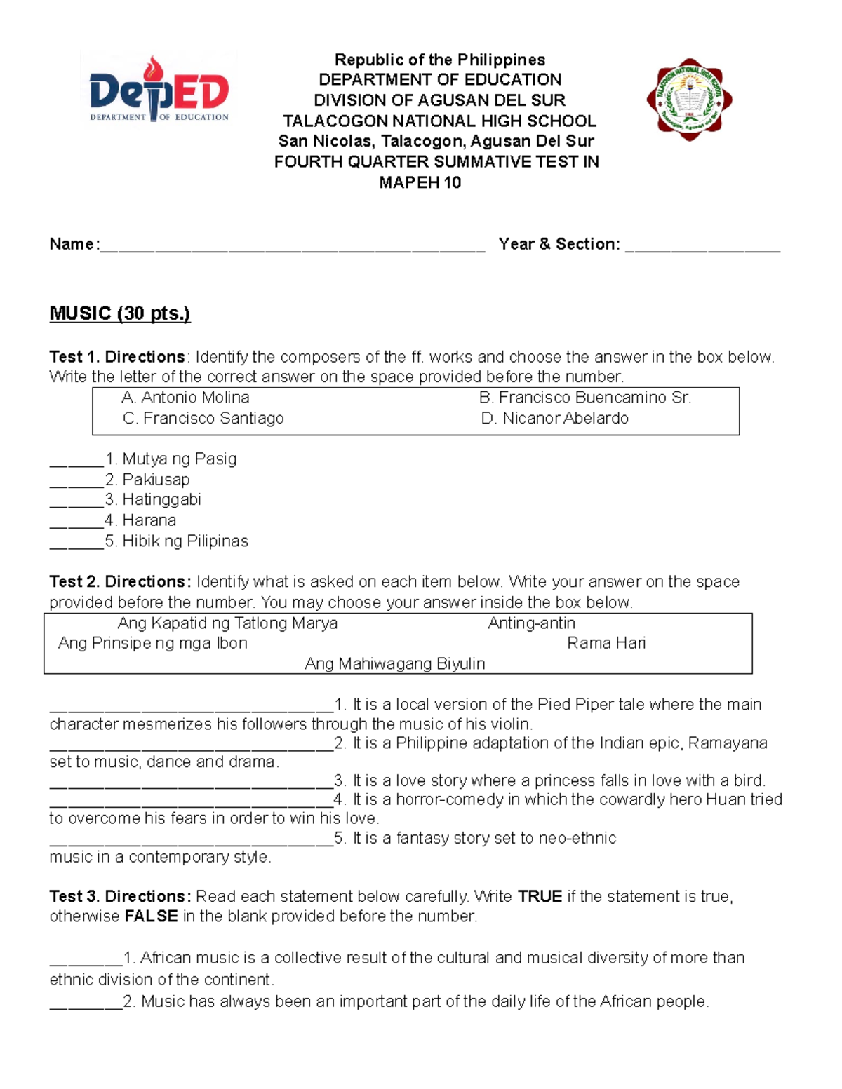 MAPEH 10 Q4 Summative Test: Music, Arts, PE, and Health - Studocu