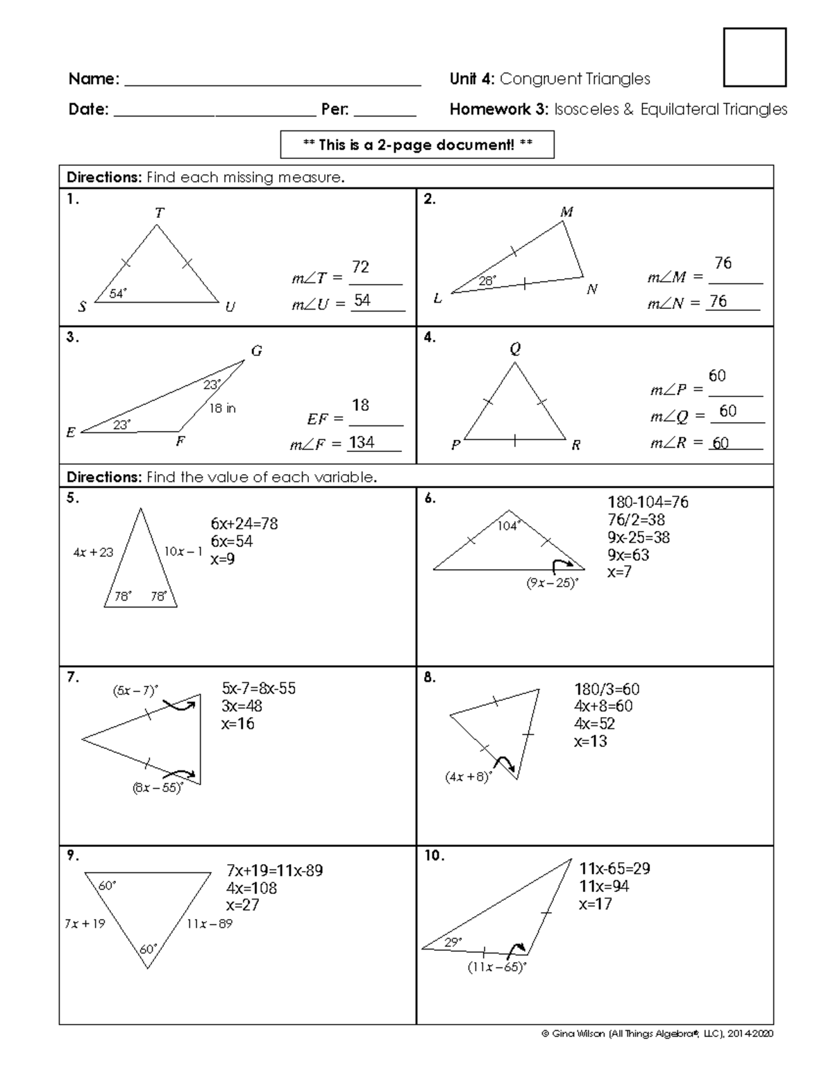 Unit 4: Homework 3 - Isosceles & Equilateral Triangles Practice - Studocu