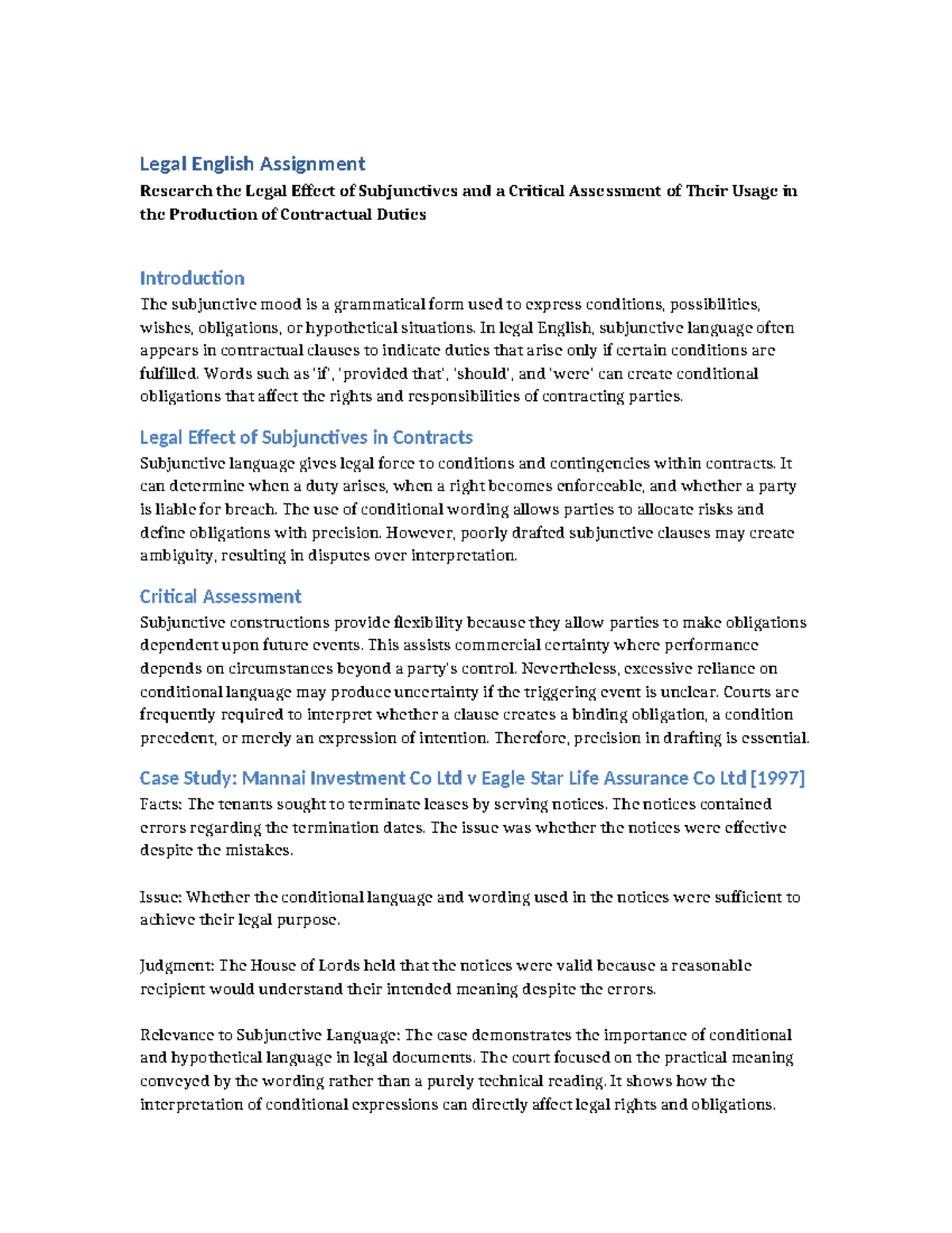 Legal English Assignment: The Role of Subjunctives in Contracts - Studocu