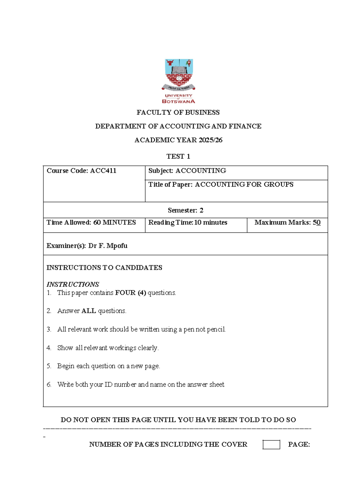 2026 ACC 411 TEST 1: ACCOUNTING FOR GROUPS Exam Paper - Studocu